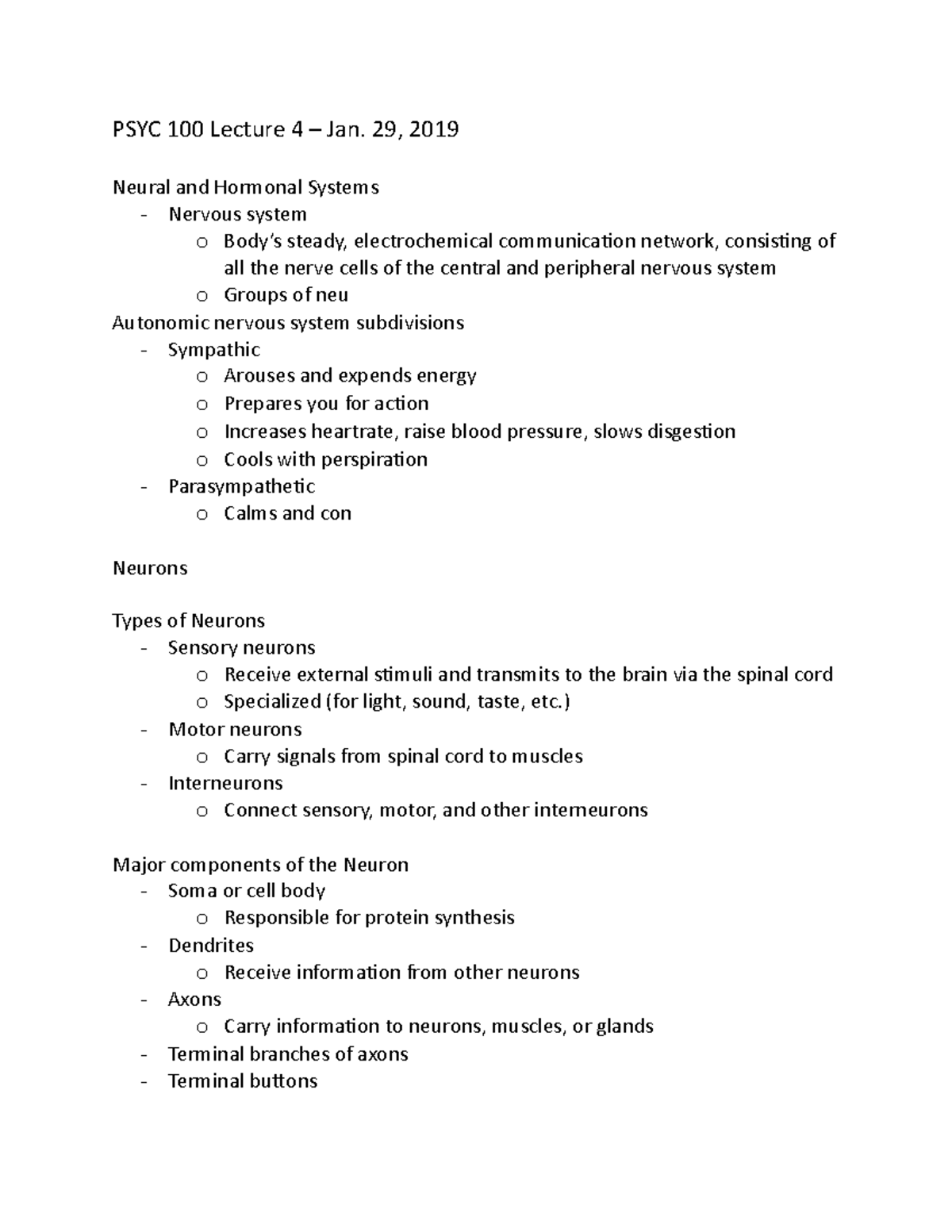 PSYC 100 Lecture 4 - PSYC 100 Lecture 4 – Jan. 29, 2019 Neural and Hormonal Systems - Nervous ...