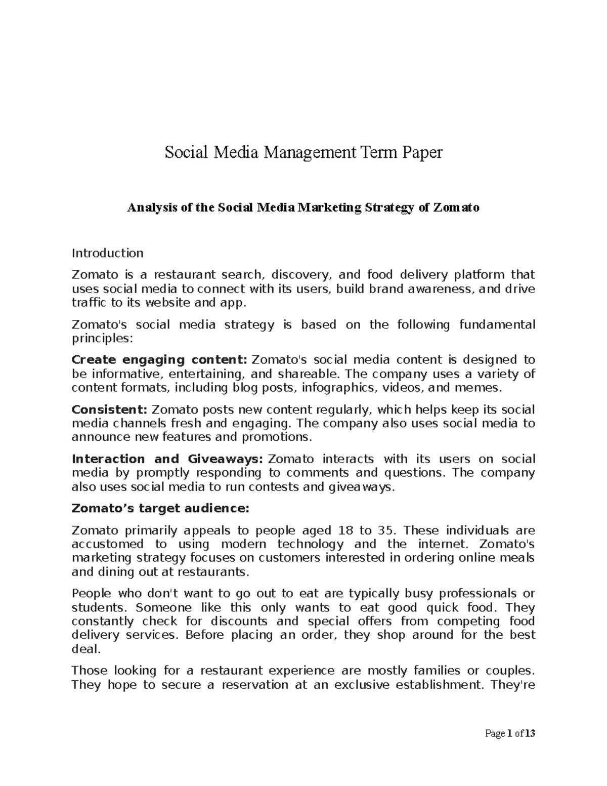 SMM Assignment-Zomato - Social Media Management Term Paper Analysis of ...