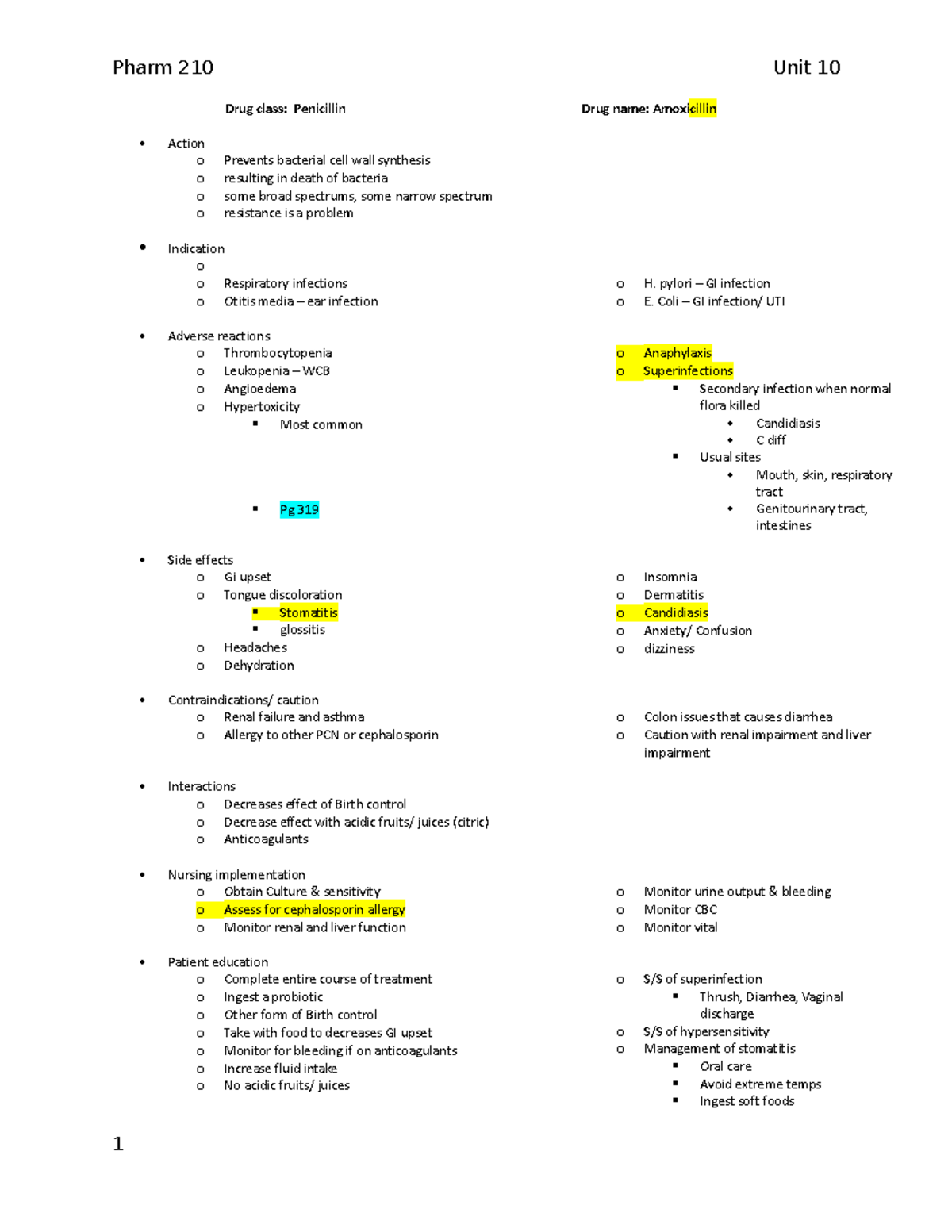 Pharm 210 unit 10 meds - Drug class: Penicillin Drug name: Amoxicillin ...