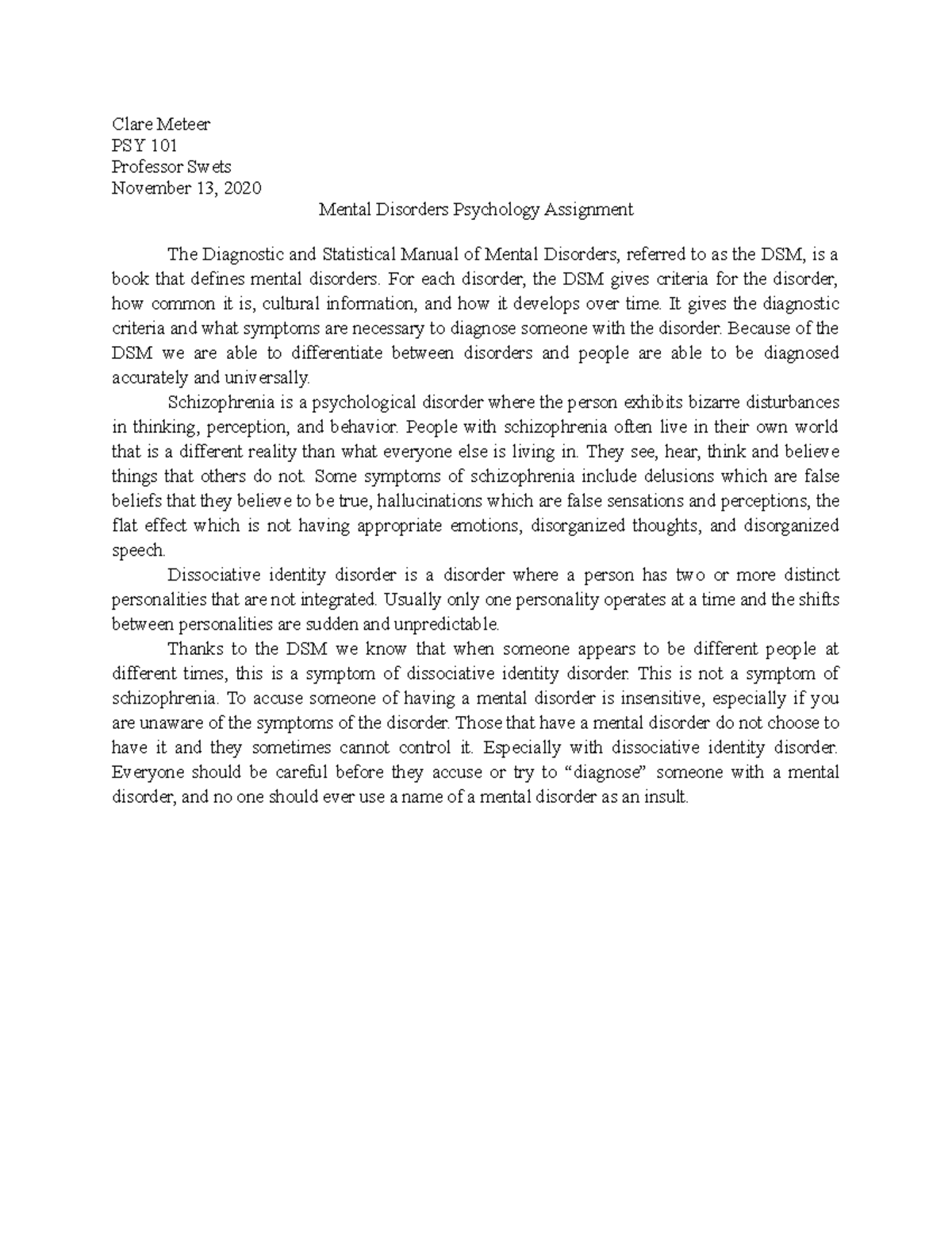 Mental Disorders Psychology Assignment - Clare Meteer PSY 101 Professor ...