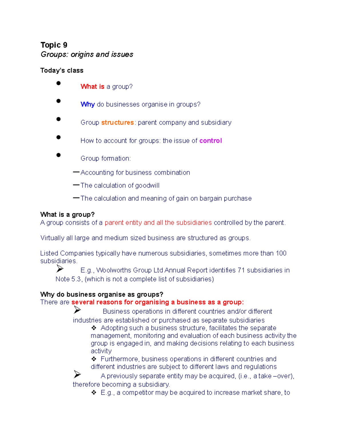 Week 9 Lecture Slides - Company Groups Origins and Issues - Topic 9 Groups: origins and issues ...