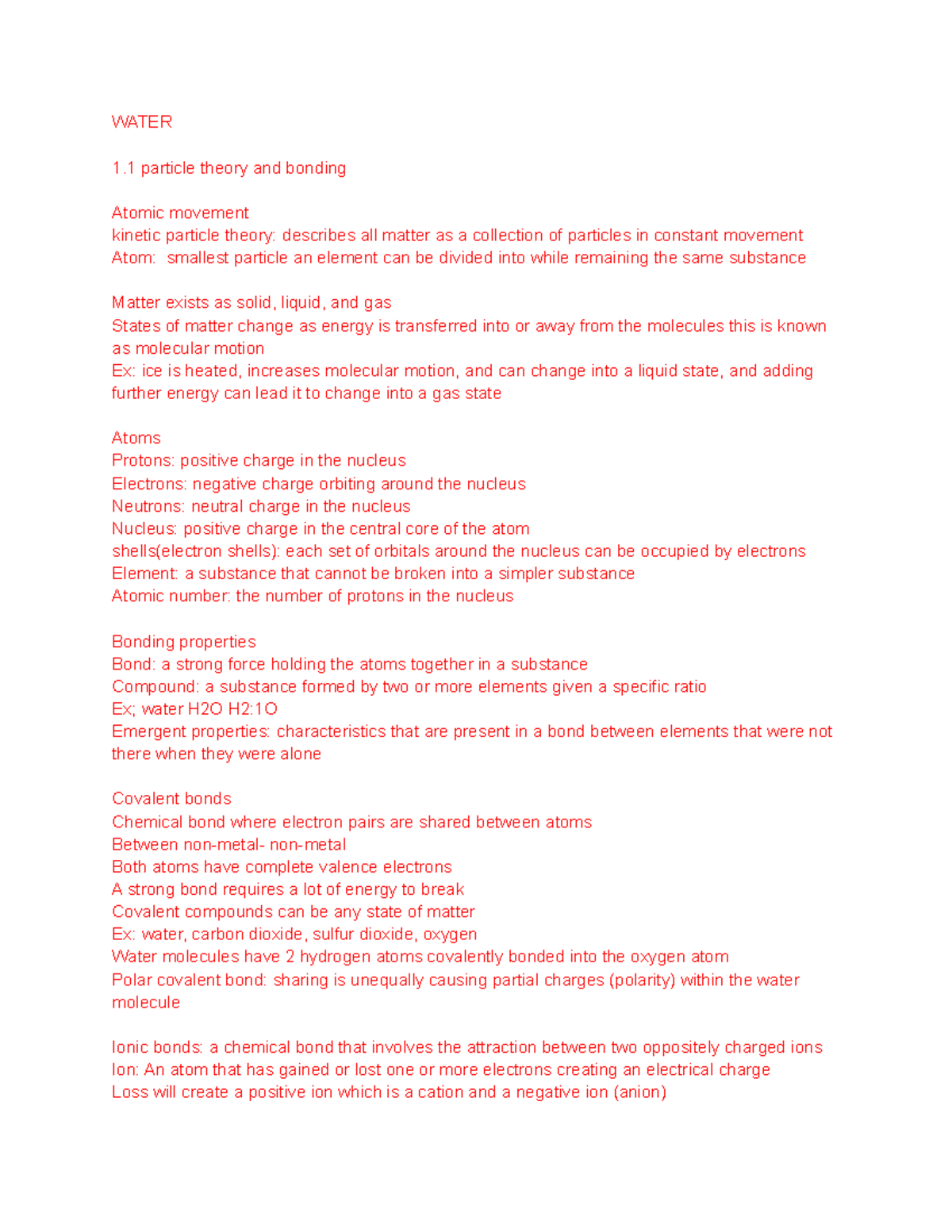 Aice Marine Exam Study Guide p - WATER 1 particle theory and bonding ...