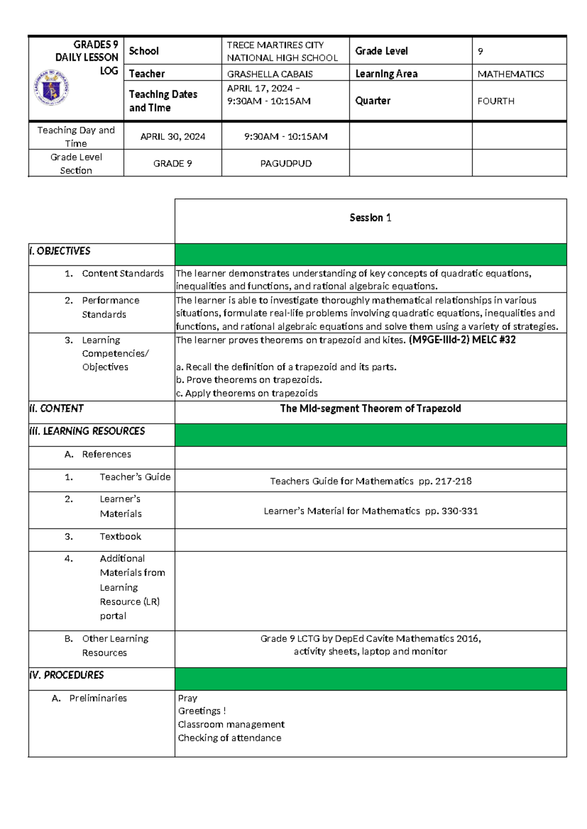 2.-Special Angles-G9Math - GRADES 9 DAILY LESSON LOG School TRECE ...