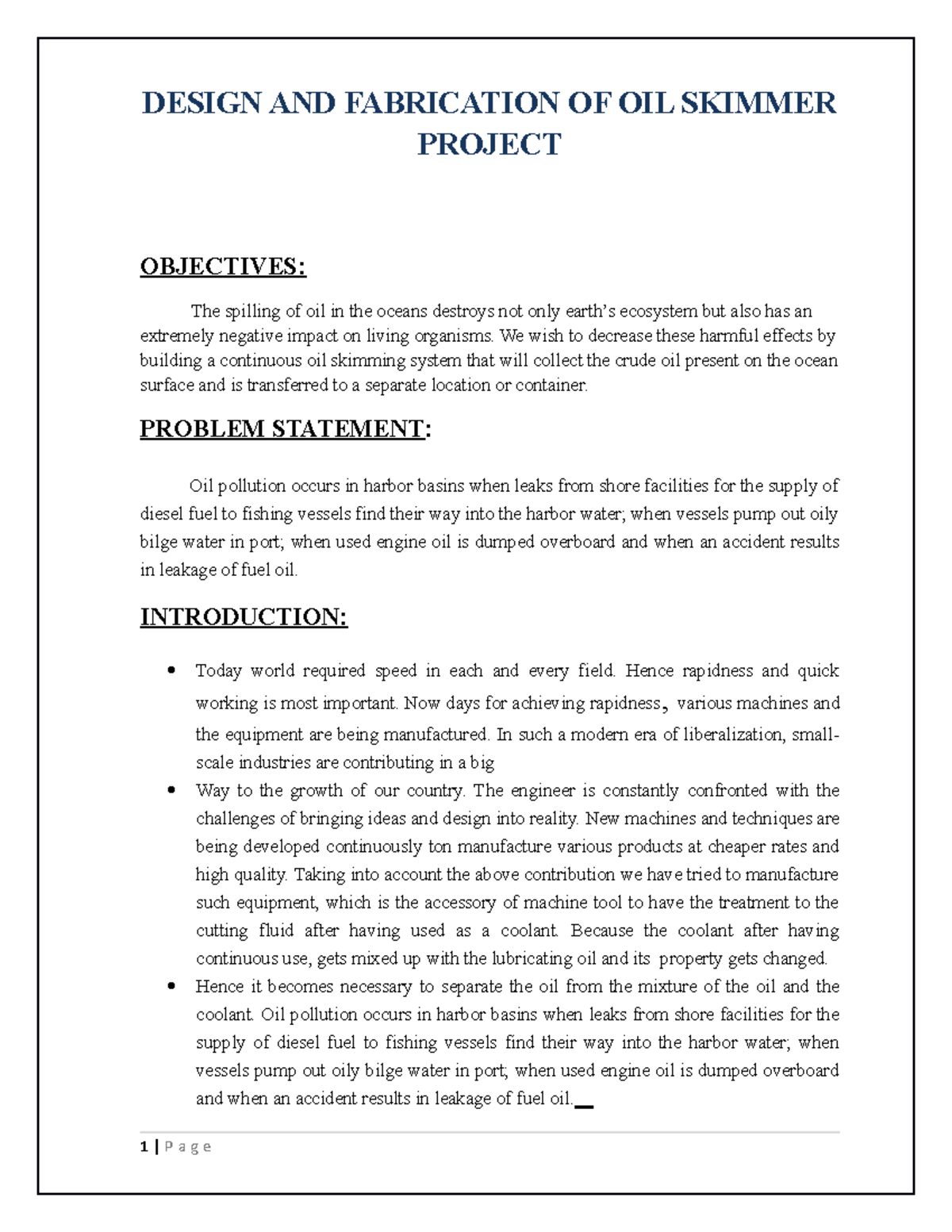 Oil skimm pro - DESIGN AND FABRICATION OF OIL SKIMMER PROJECT ...