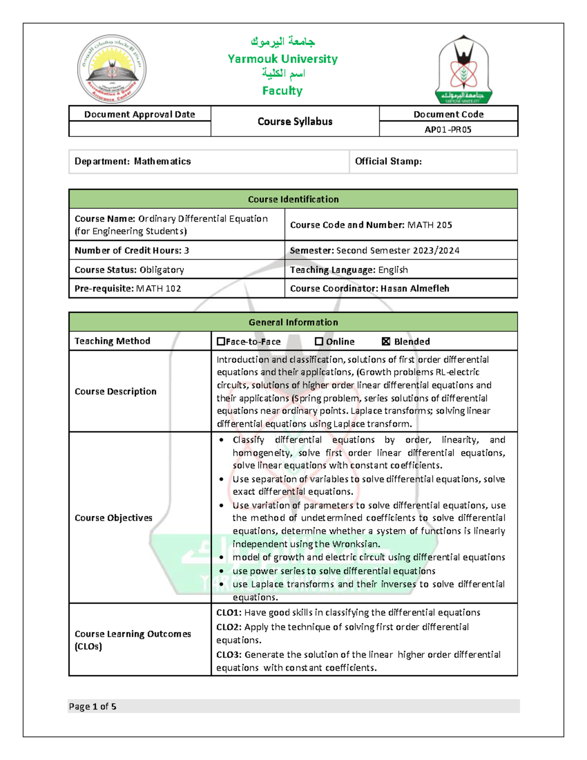 MATH 205-Course Syllabus Dr. Hasan Almefleh-2nd semester 23-24 ...