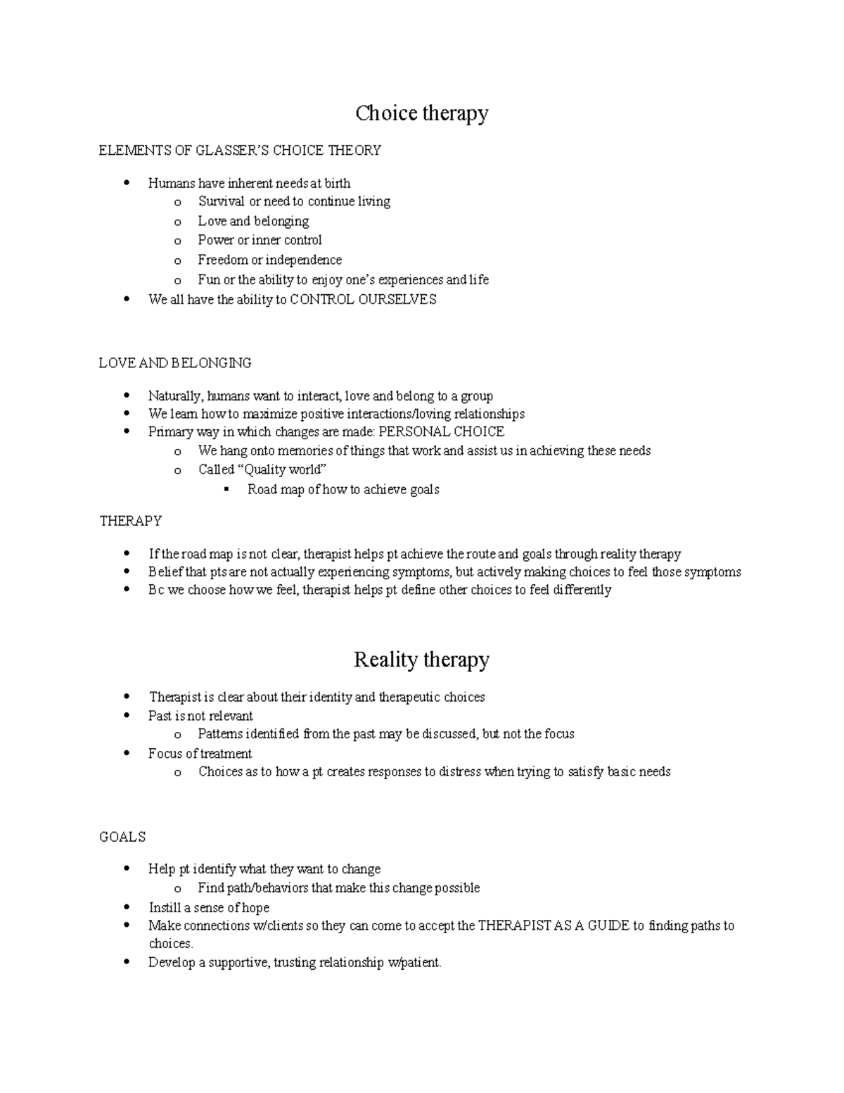 Choice: Reality Therapy - Choice therapy ELEMENTS OF GLASSER’S CHOICE ...