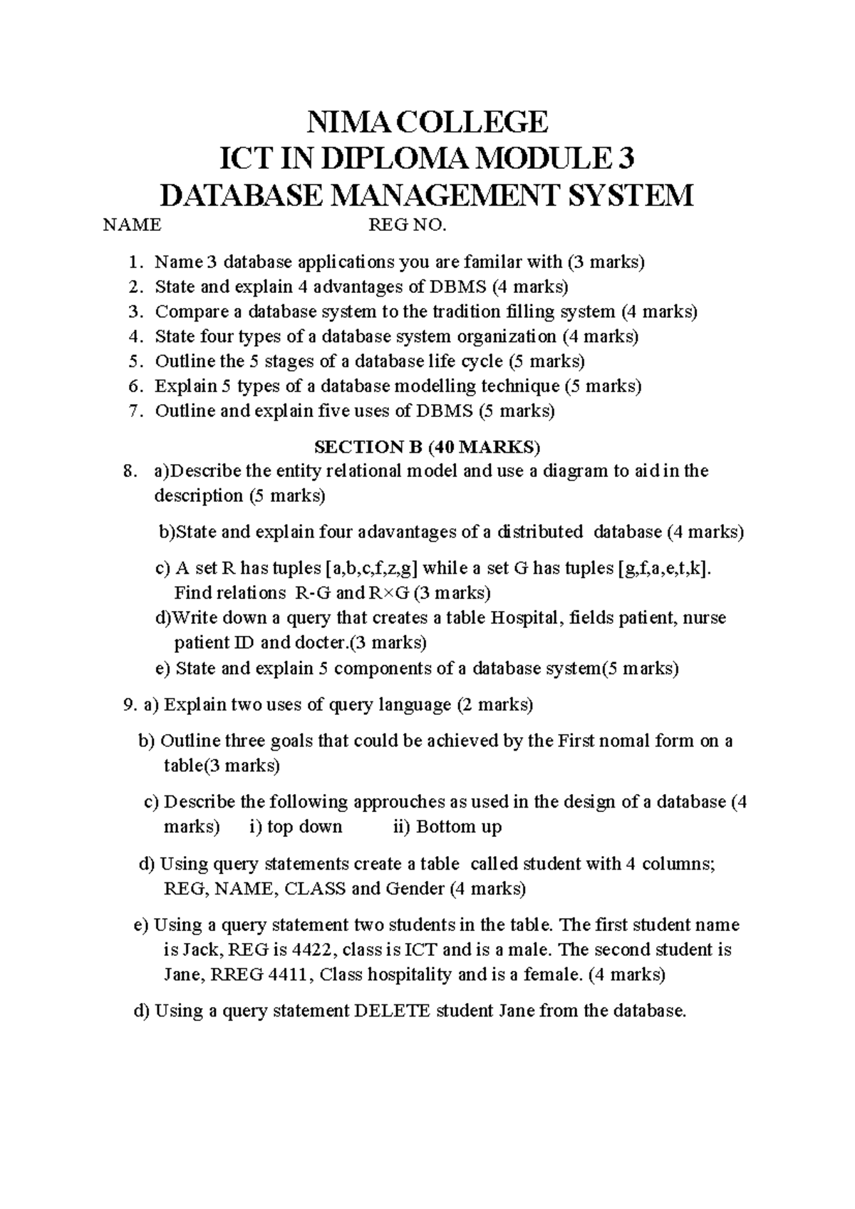 DBMS - PAST QUESTION ON OBJECT DATABASE MANAGEMENT SYSTEM - NIMA ...