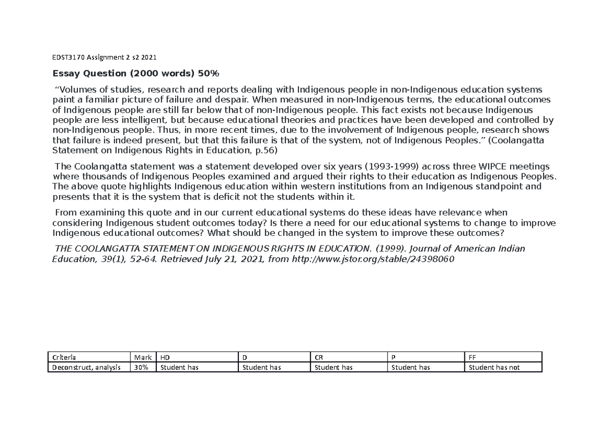 EDST3170 Assignment 2 Question Rubric s2 2021 - EDST3170 - MQ - Studocu