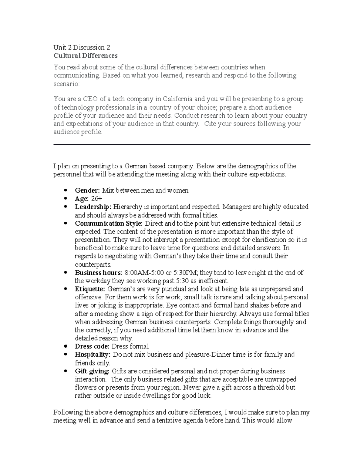 Unit 2 Discussion 2 - Unit 2 Discussion 2 Cultural Differences You read ...