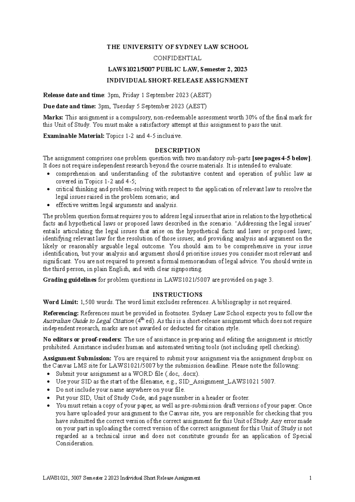 LAWS1021 5007 Public Law Semester 2 2023 Individual Short Release ...