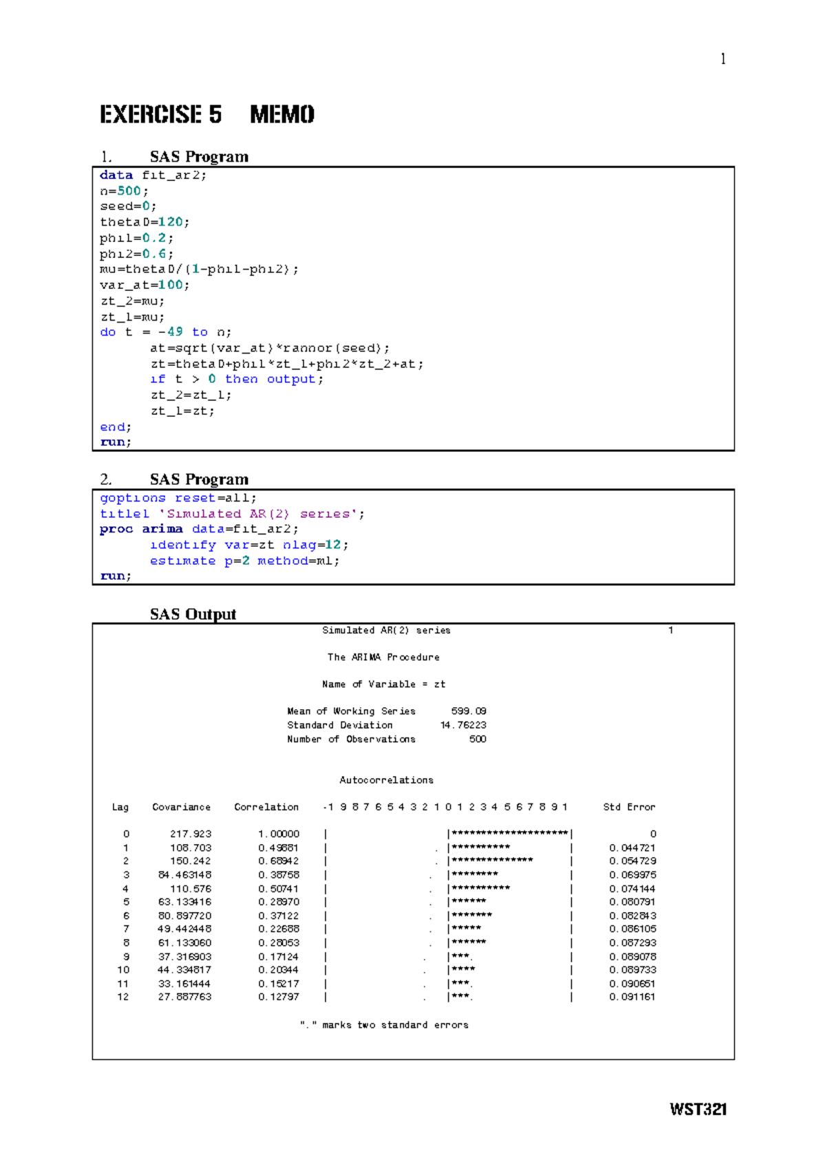 Excercise 5 - Wst 1 exercise 5 memo 1. SAS Program data fit_ar2; n= 500 ; seed= 0 ; theta0= 120 ...