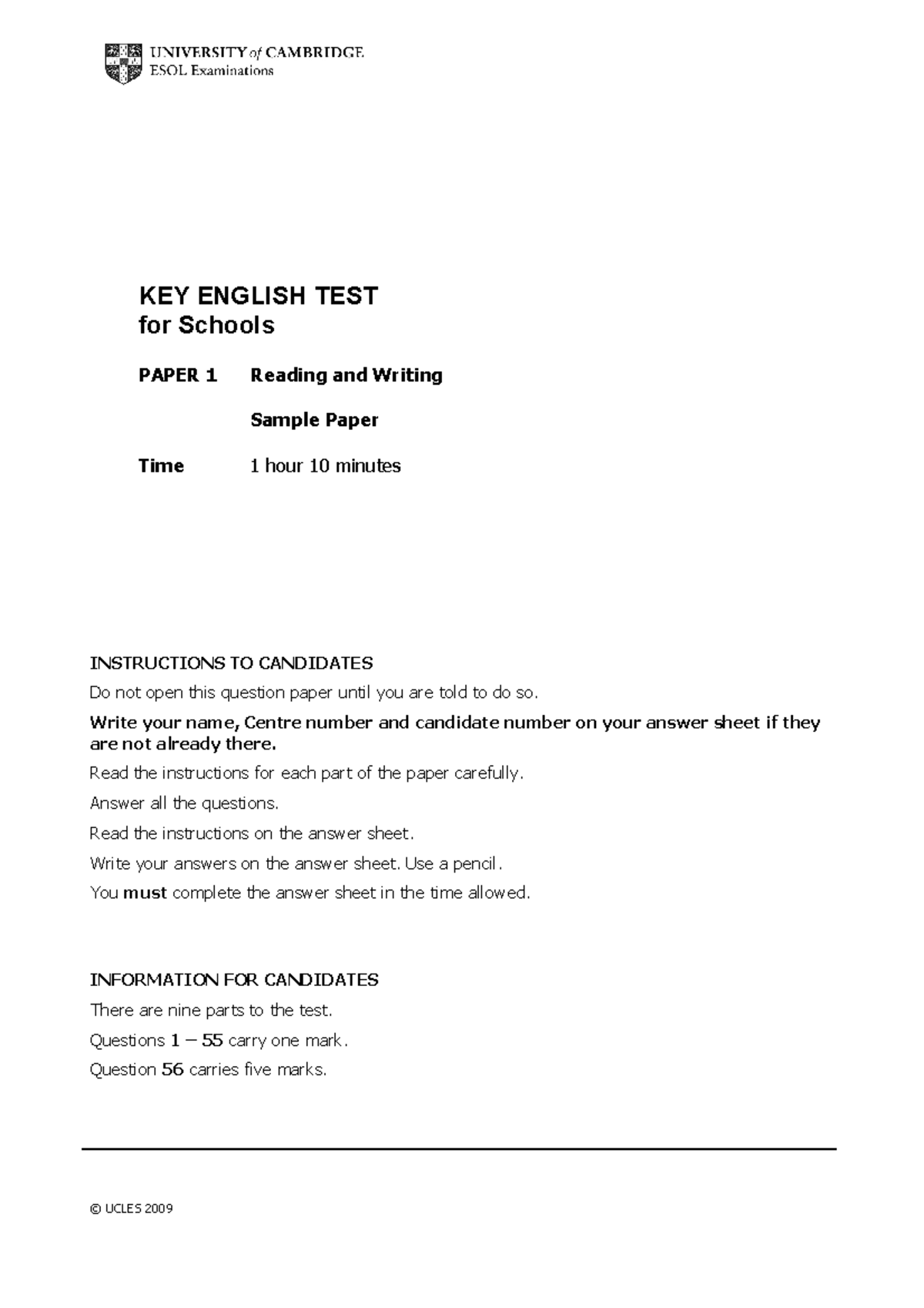 Ket-hoy - Ket - KEY ENGLISH TEST for Schools PAPER 1 Reading and ...
