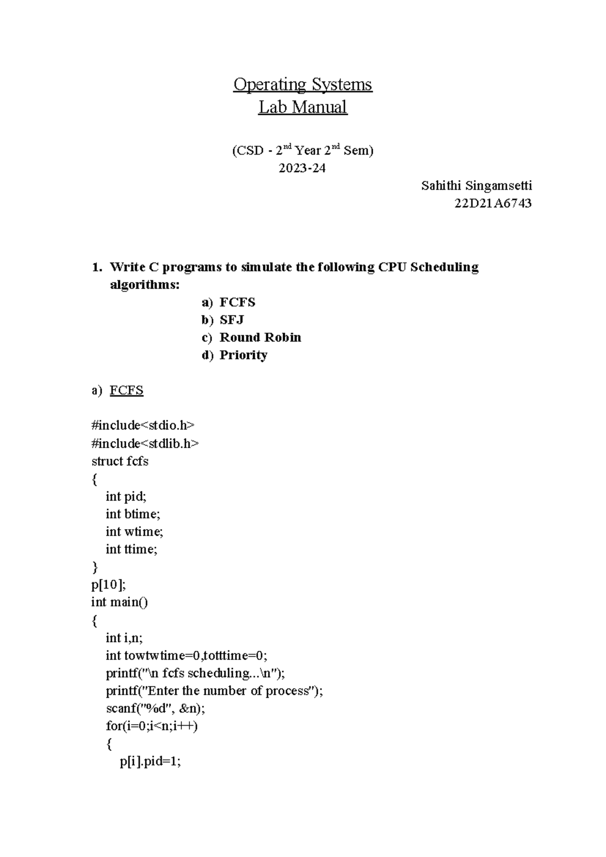 Operating Systems Lab Manual - Operating Systems Lab Manual (CSD - 2nd Year 2nd Sem) 2023 ...