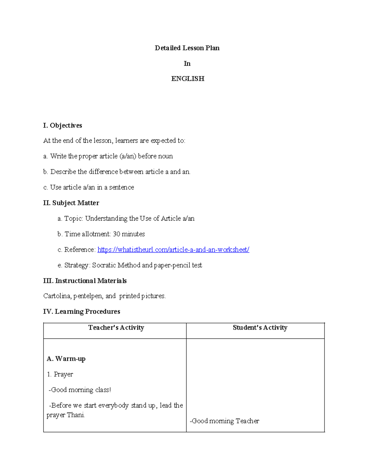 Lesson plan (article a &an) - Detailed Lesson Plan In ENGLISH I ...