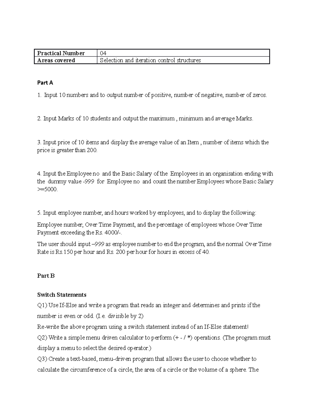 Practical 04 - Practical Number 04 Areas covered Selection and ...