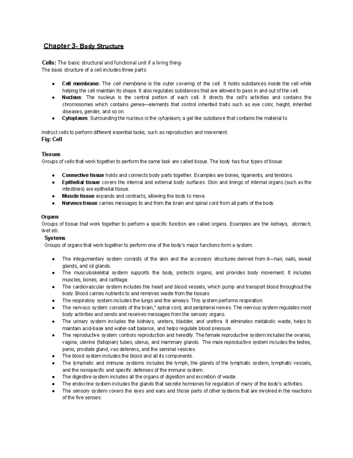 Medical TERM WEEK 3 Notes - Chapter 3- Body Structure Cells: The basic ...