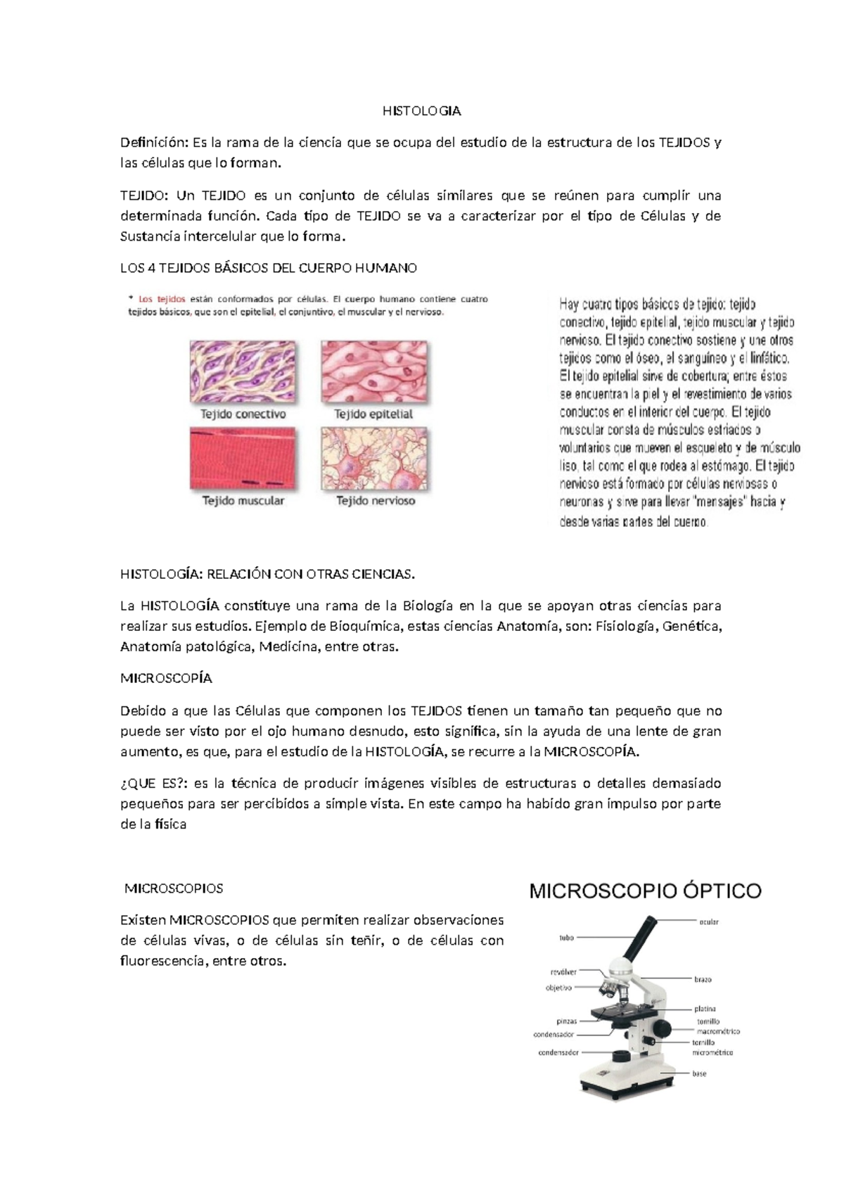 Histologia - resumen acerca de la miscroscopia - HISTOLOGIA Definición ...