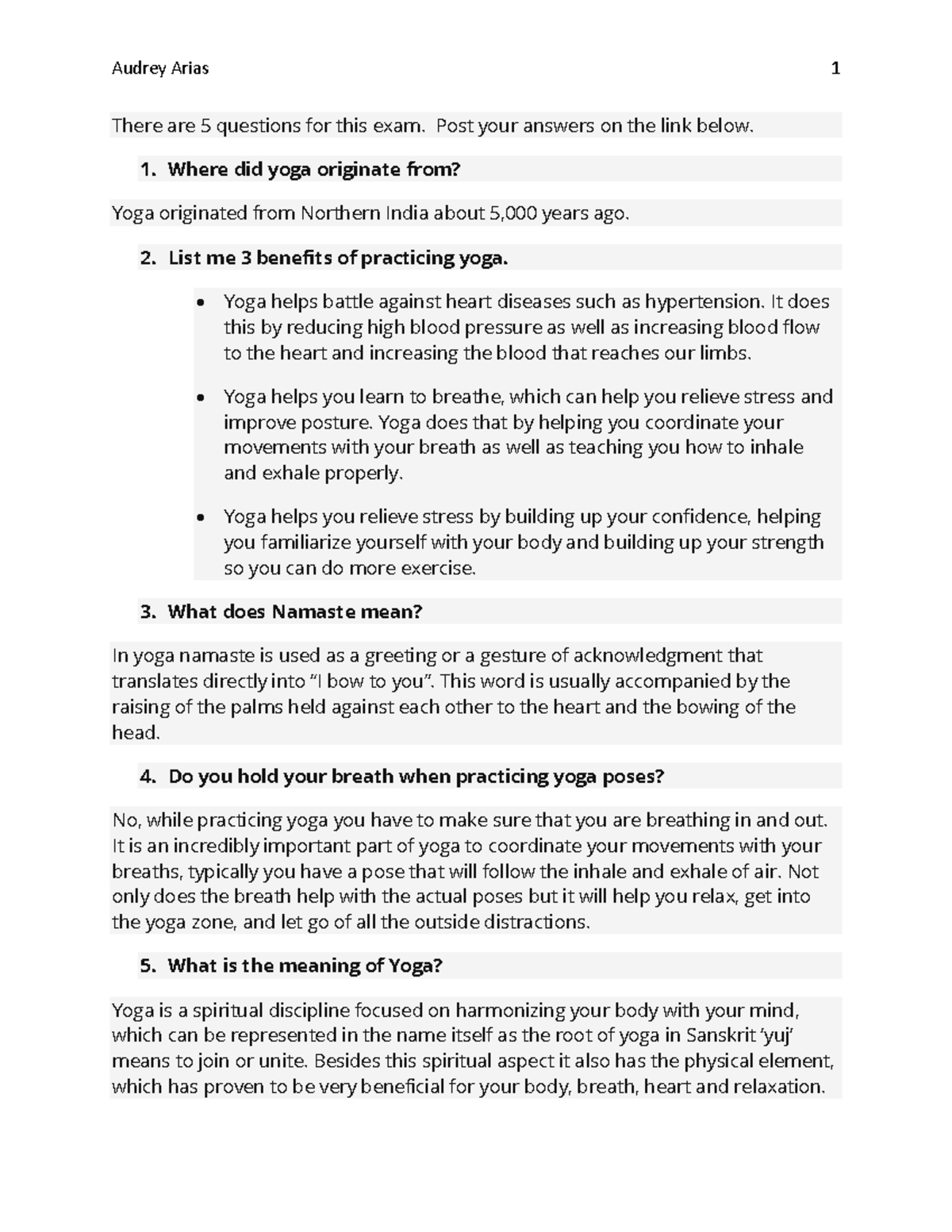 Yoga Final - Audrey Arias 1 There are 5 questions for this exam. Post ...