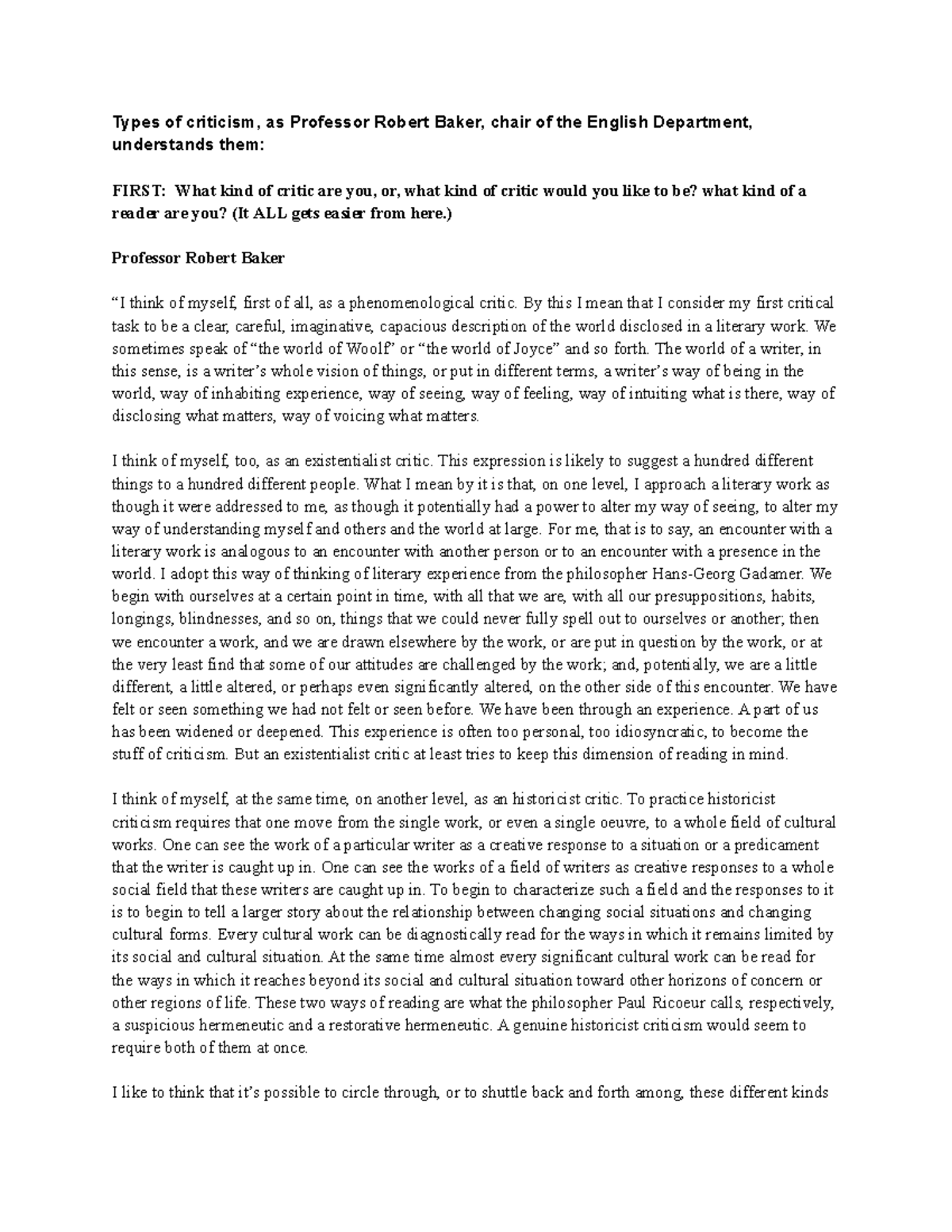 Robert Baker, Types of Criticism - Types of criticism, as Professor ...