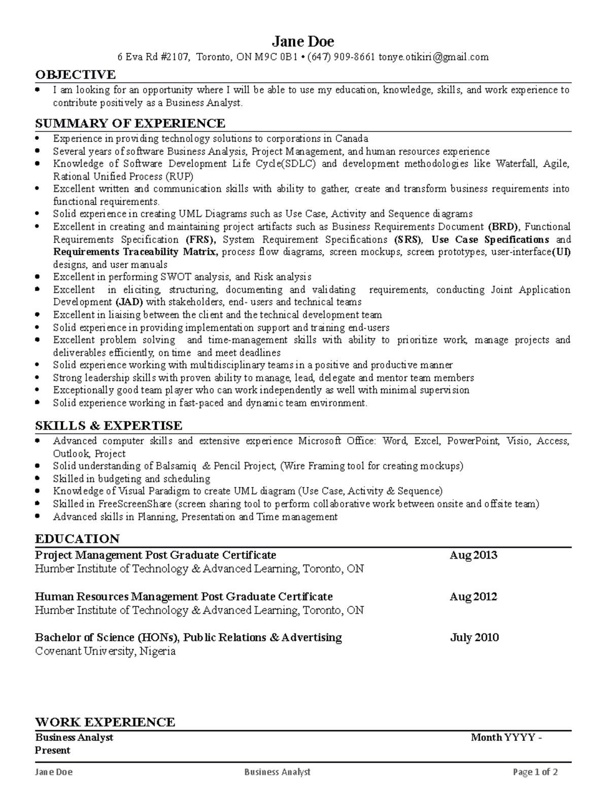 Jane Doe - Resume -Business Analyst -Job Code -1234 (1) - Jane Doe 6 ...