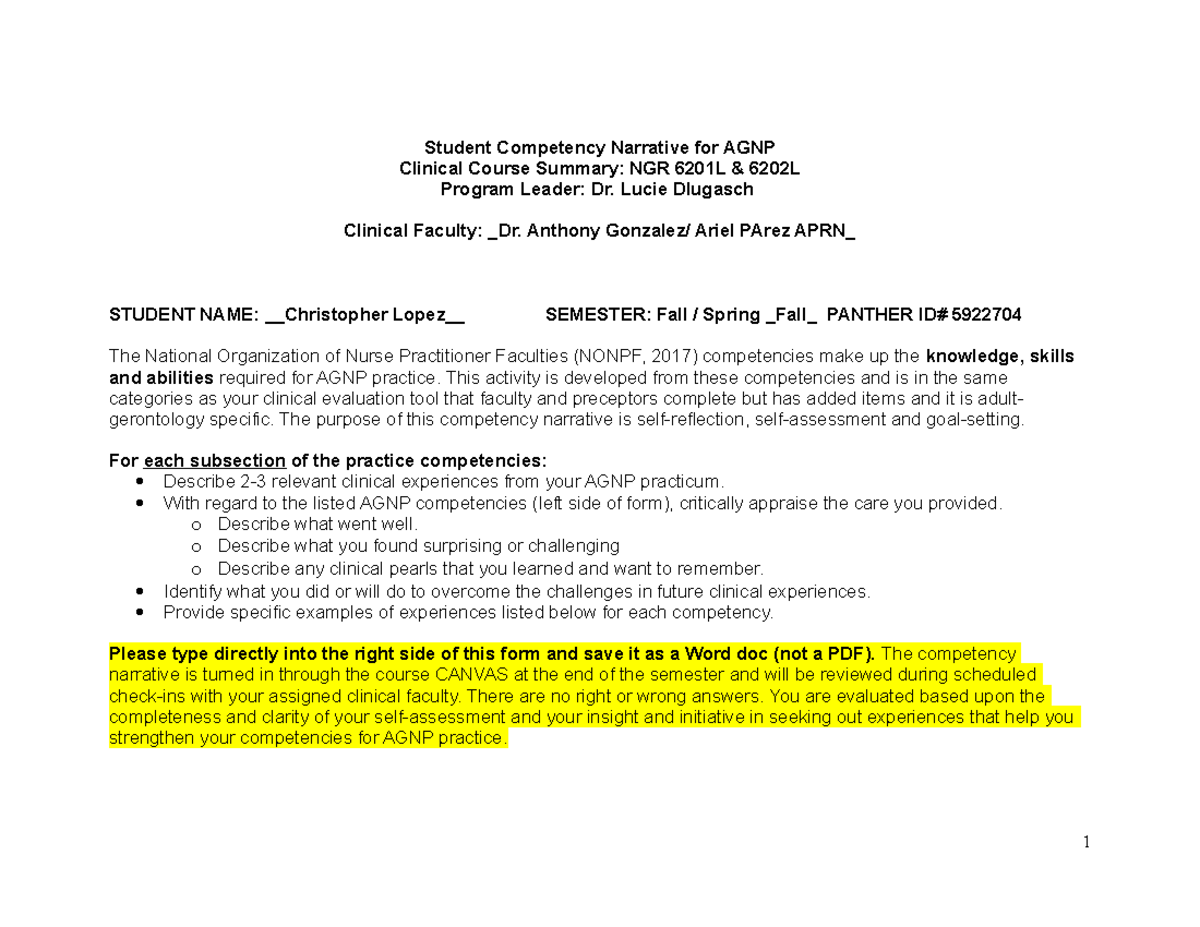 AGNP Competency Narrative - Student Competency Narrative for AGNP ...