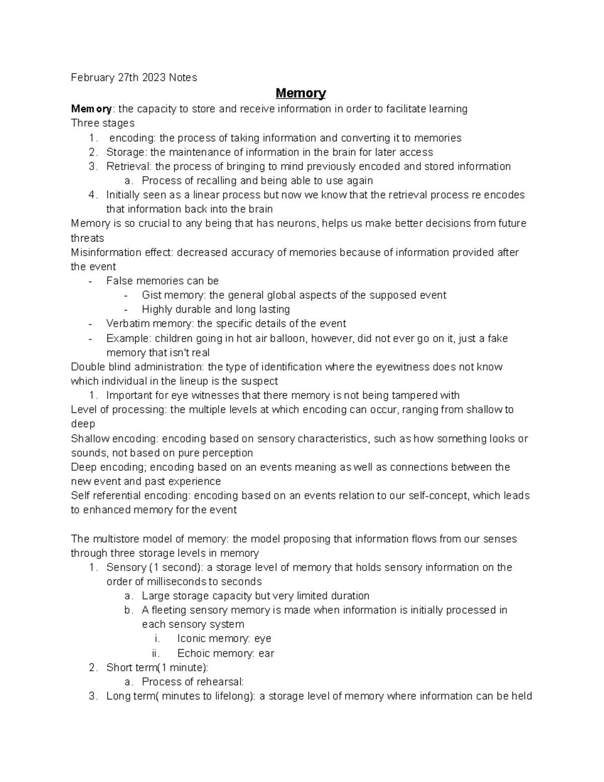 Psyc 101 Typed Notes February 27th 2023 Notes Memory Memory The Capacity To Store And Receive