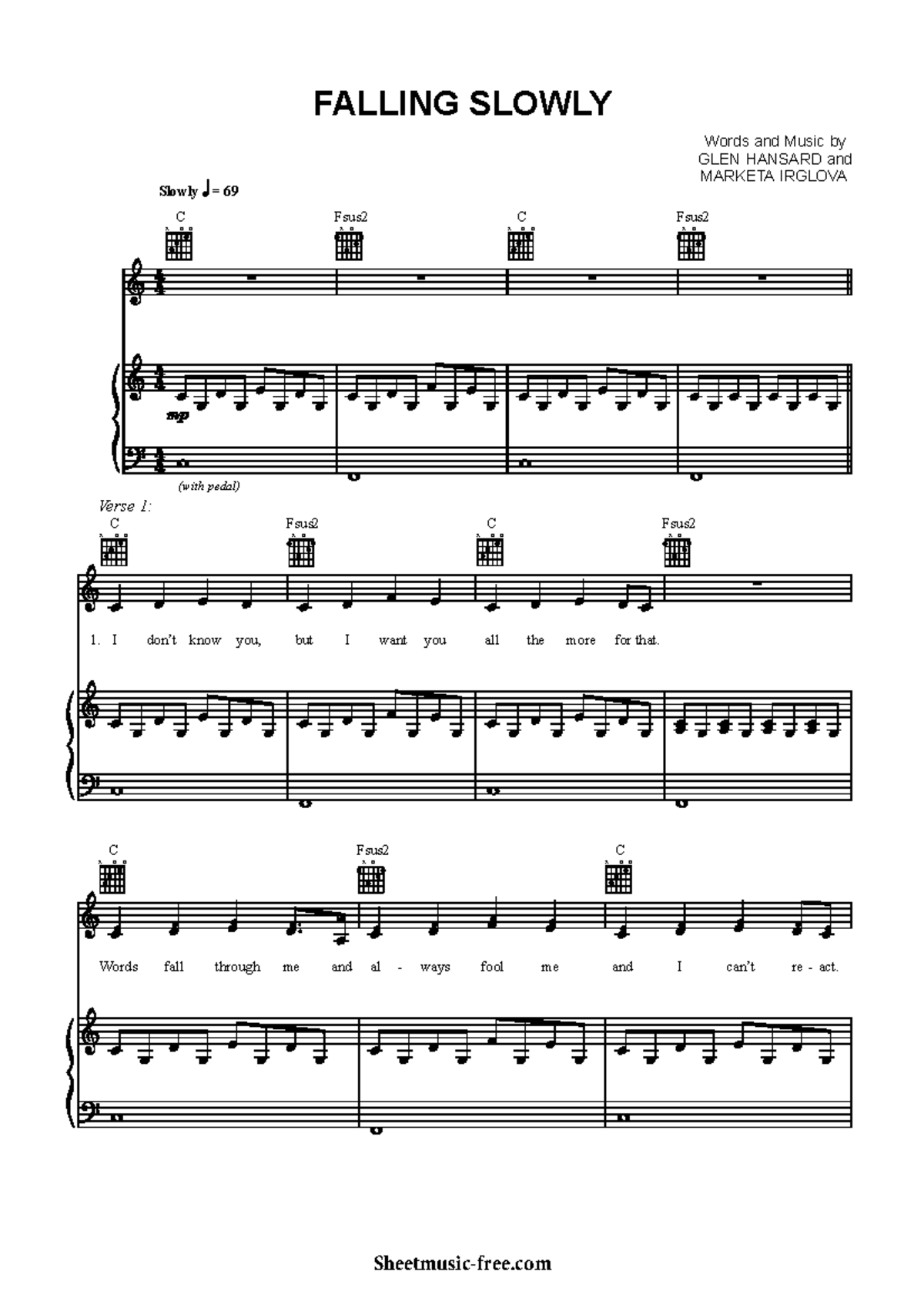 Music Sheet - Falling Slowly For Classroom - Slowly x C o o = 69 Fsus x ...