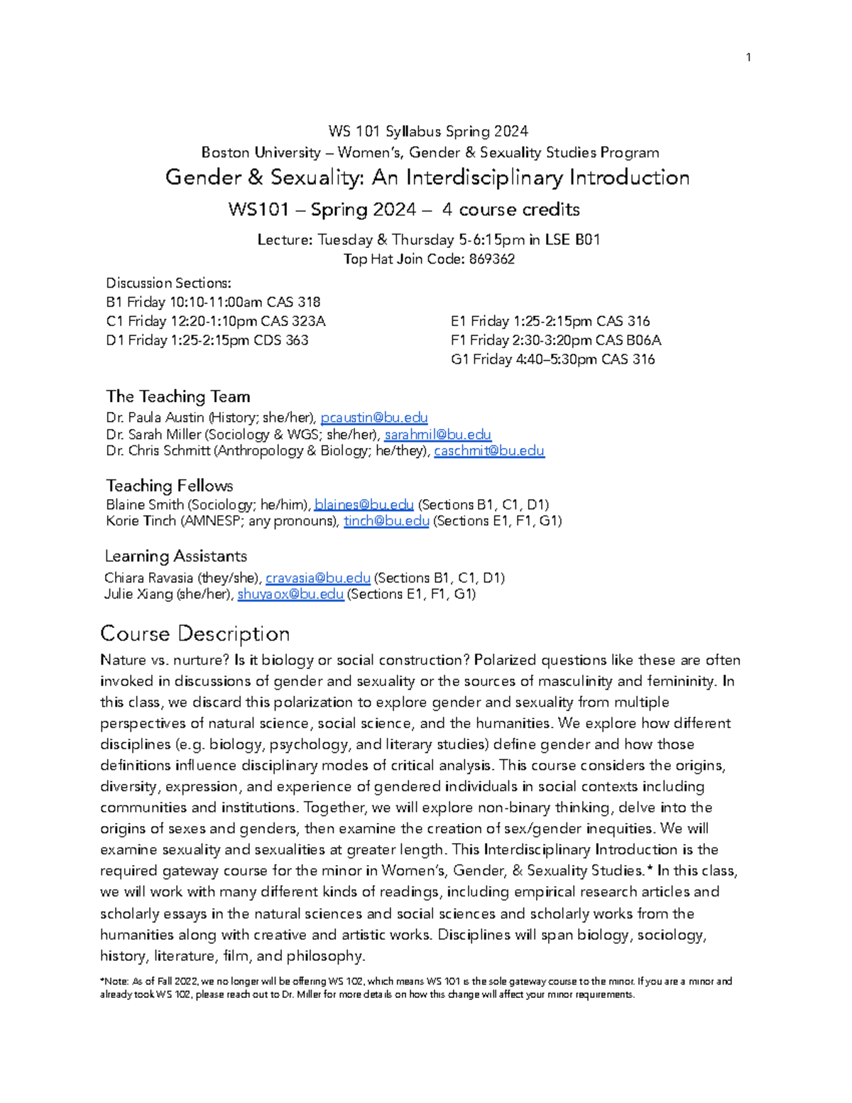 WS 101 Spring 2024 Syllabus - WS 101 Syllabus Spring 2024 Boston University – Women’s, Gender ...