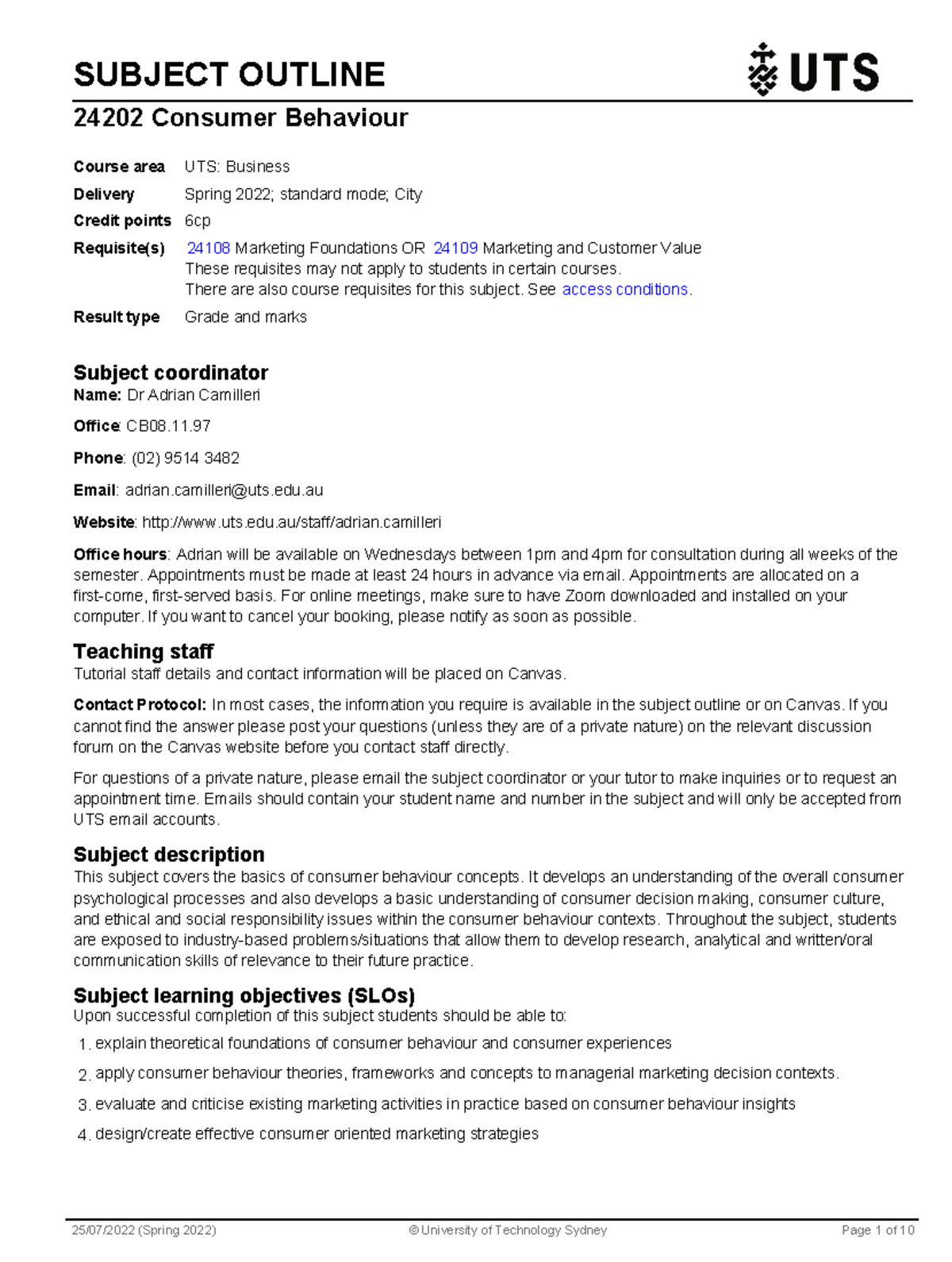 Consumer Behaviour Subject Outline - SUBJECT OUTLINE 24202 Consumer ...