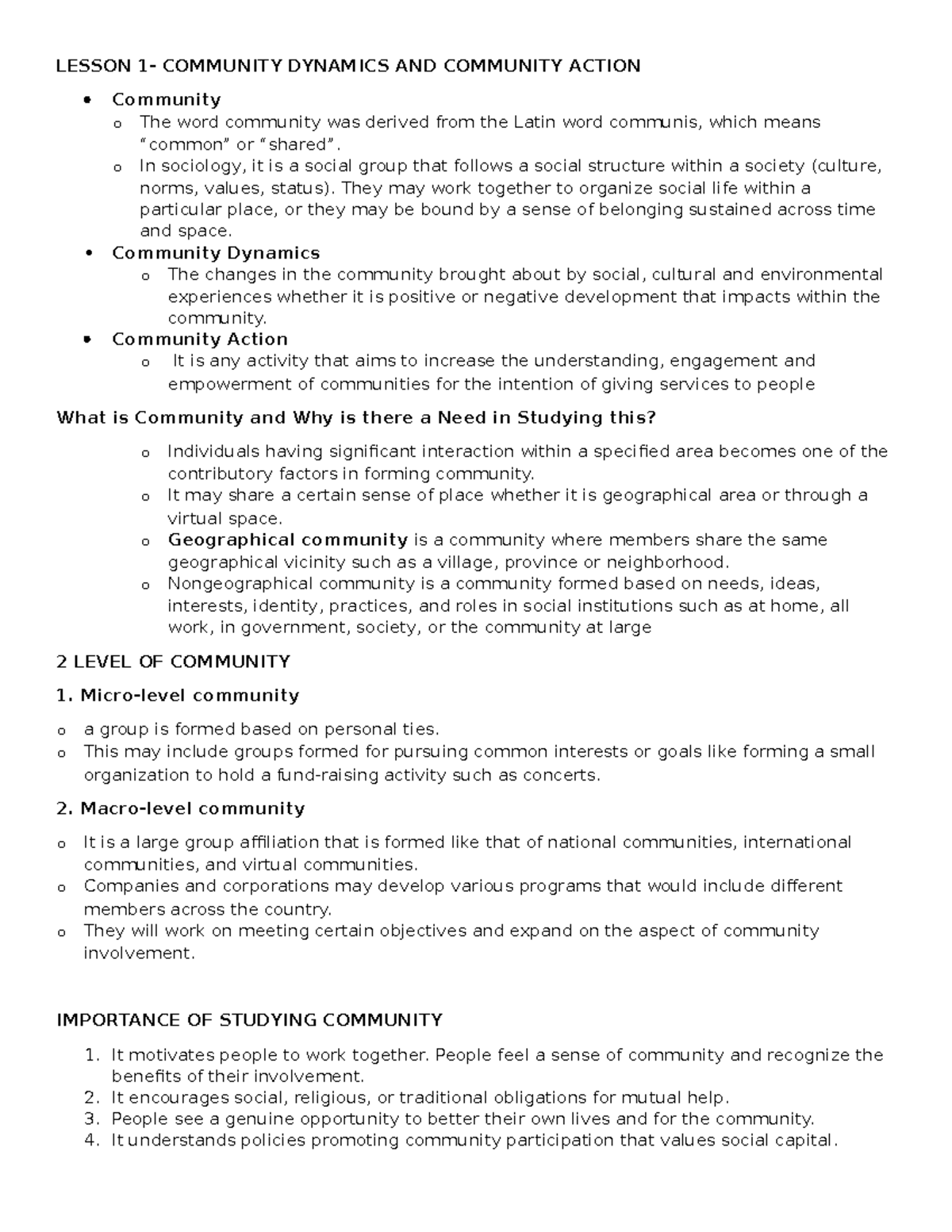 CESC Reviewer - COMMUNITY DYNAMICS AND COMMUNITY ACTION - LESSON 1 ...