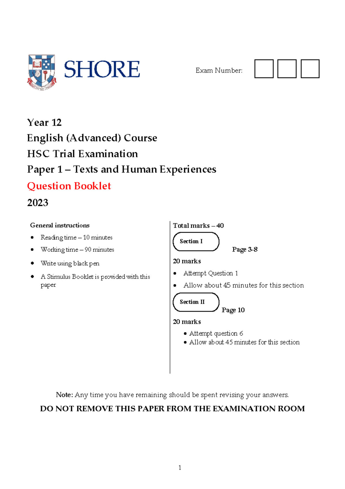 Shore HSC English Trial Paper 1 Advanced Question Booklet 2023 - Year ...