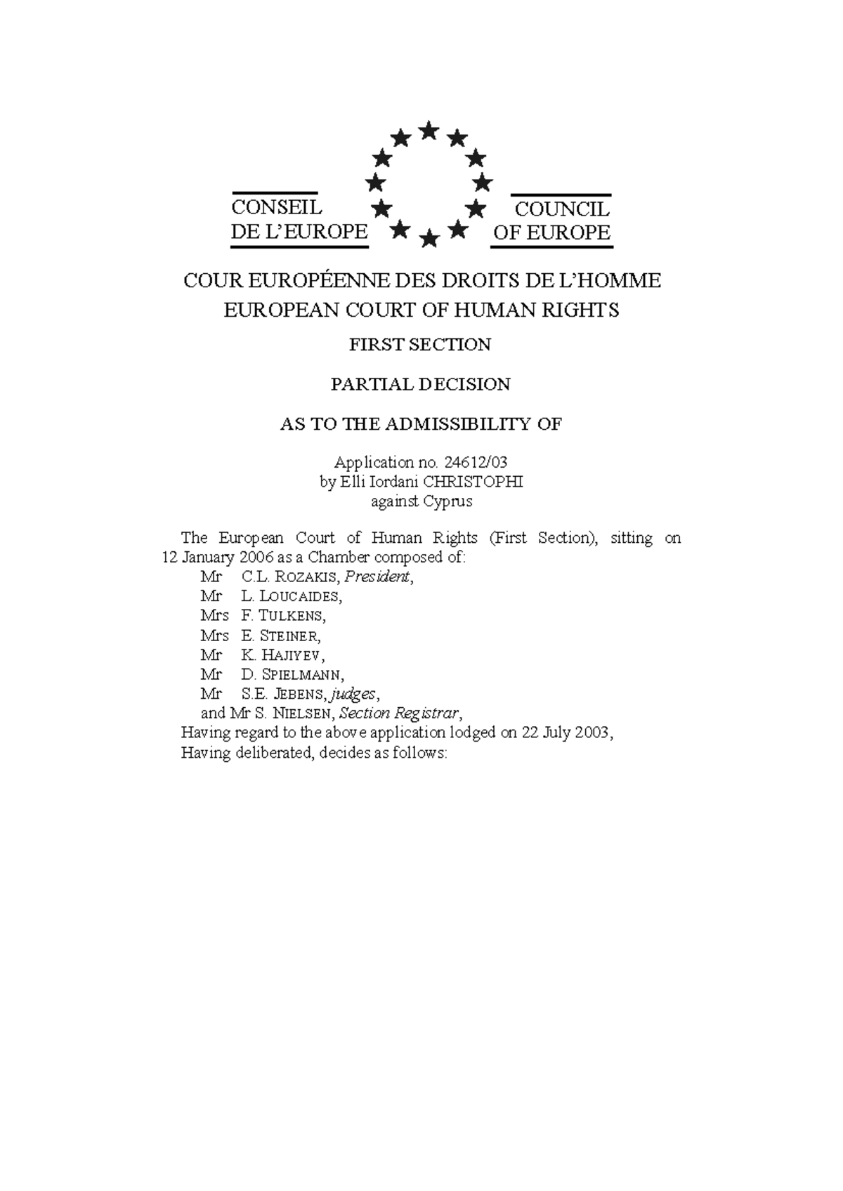 Christophi v. Cyprus - REAL ESTATE CASES - CONSEIL DE L’EUROPE COUNCIL ...
