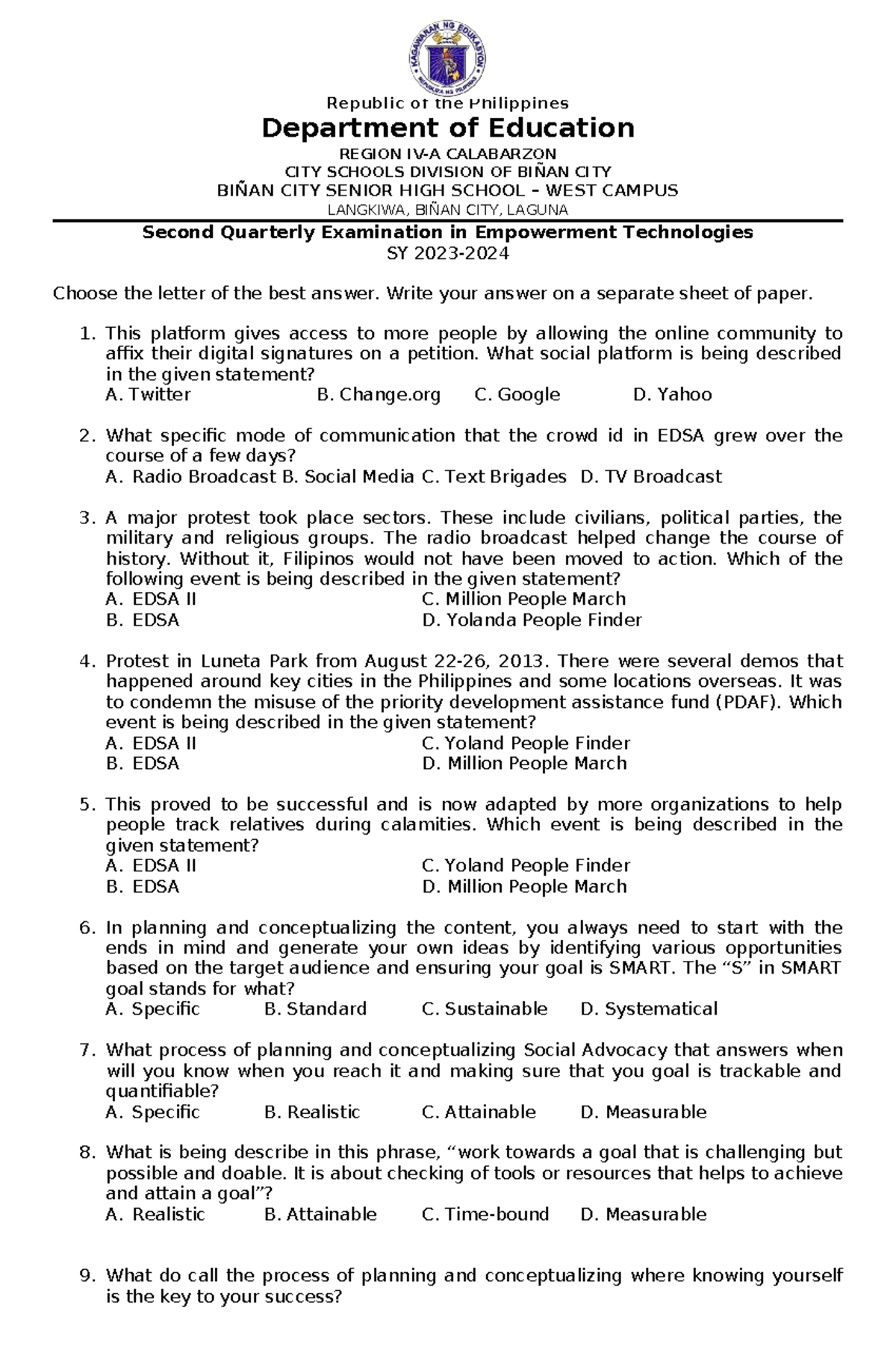 Second- Quarterly-EXAM E-TECH-SY-2023-2024 - Republic of the ...