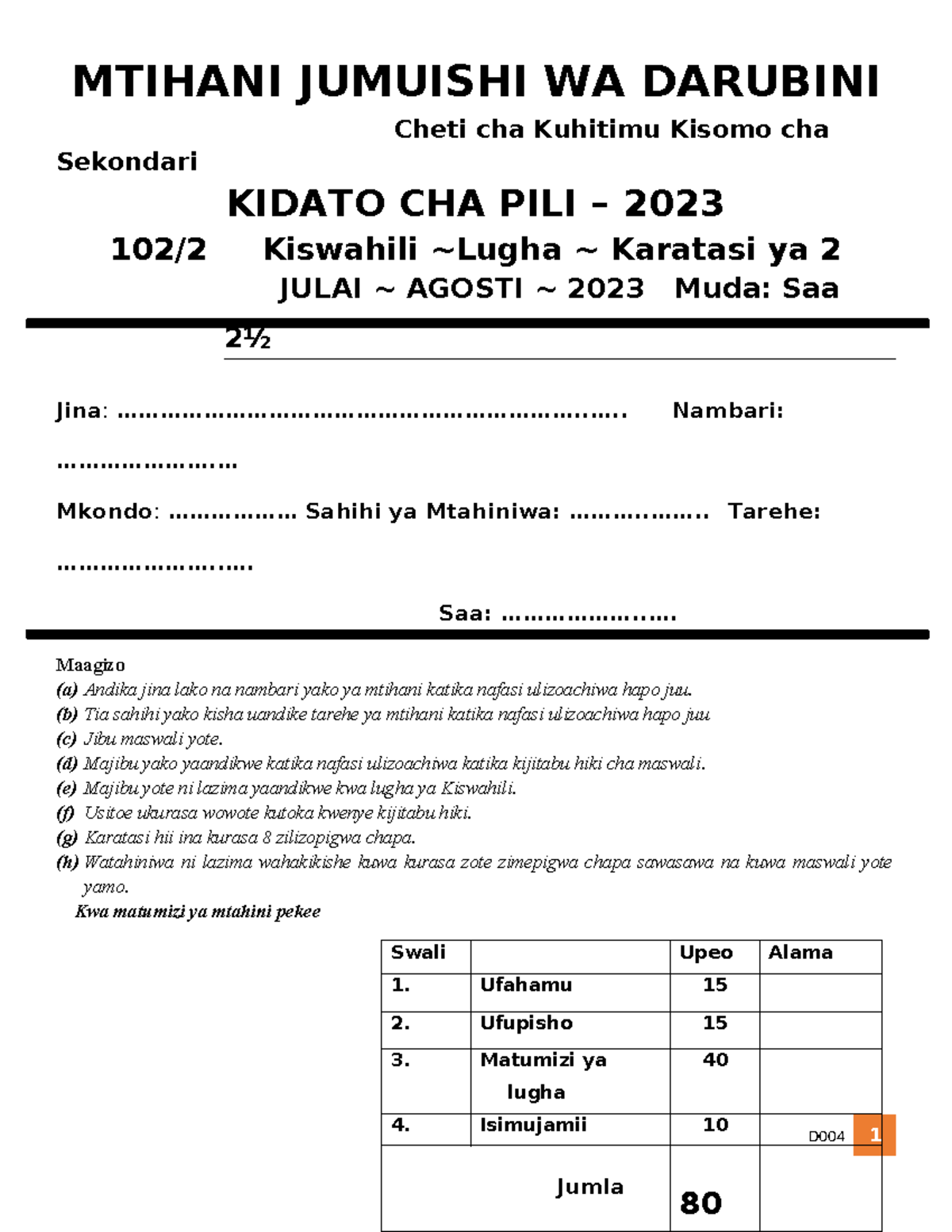 Mathematics teacher - MTIHANI JUMUISHI WA DARUBINI Cheti cha Kuhitimu ...
