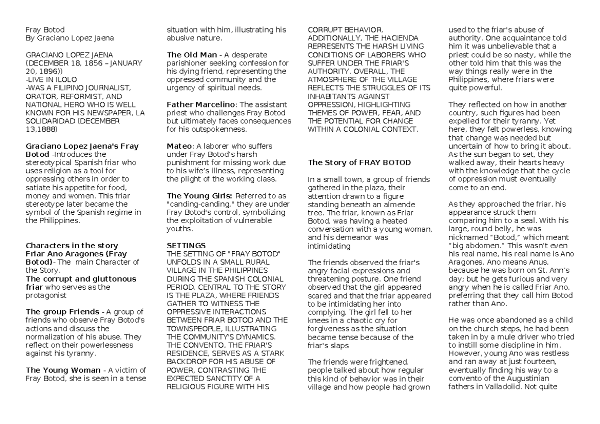 Literature Midterm - HAHAHAHAHAHAHAH - Fray Botod By Graciano Lopez ...