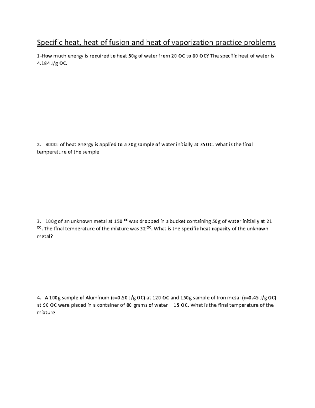 Assignment- Specific heat-practice problems-unit1 - Specific heat, heat ...
