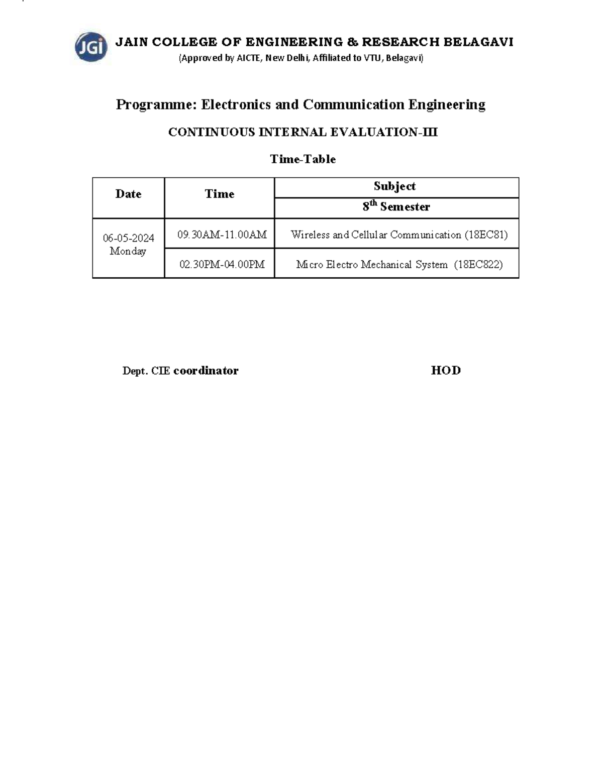 CIE 3 Time Table 8th 2024 - wireless communication - JAIN COLLEGE OF ...