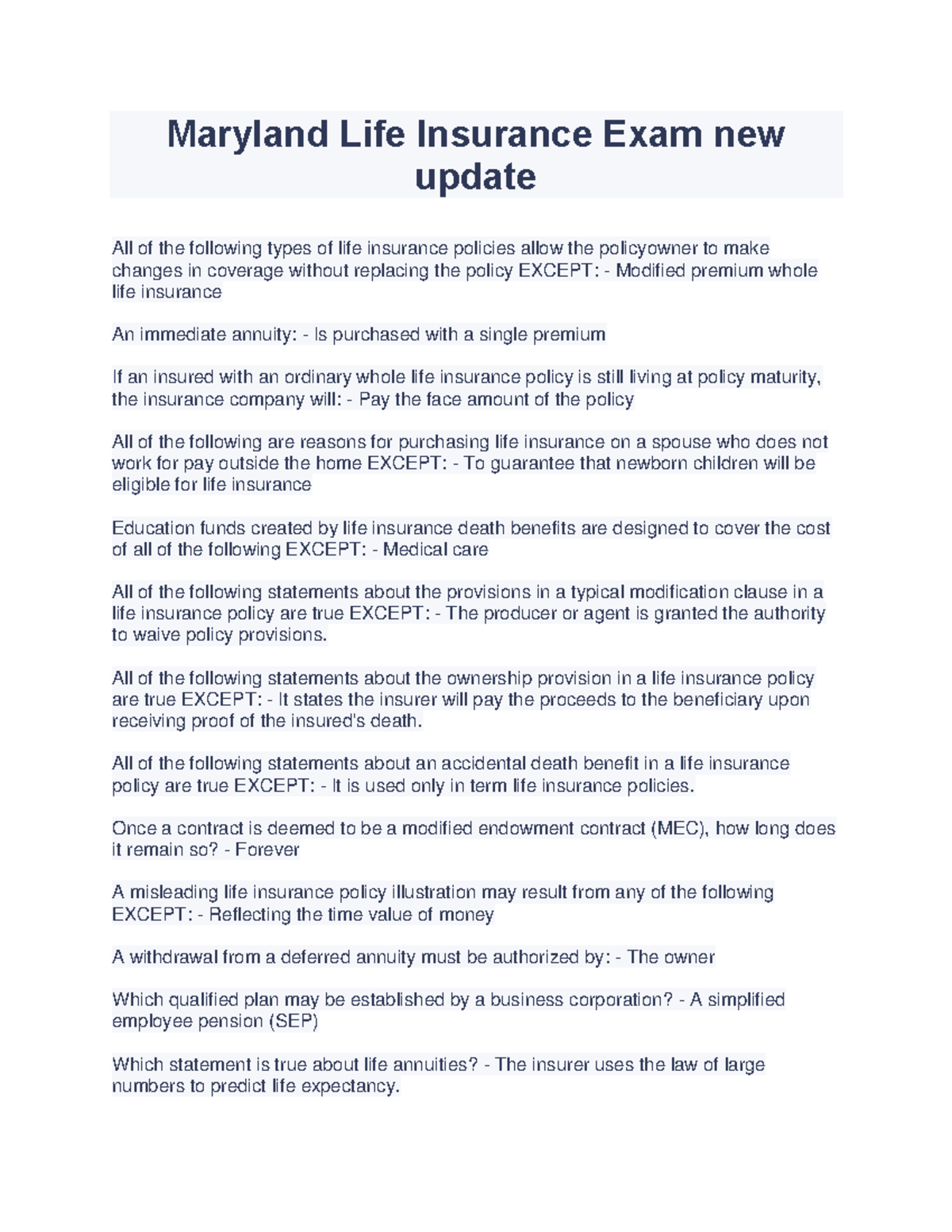 Maryland Life Insurance Exam new update - Maryland Life Insurance Exam ...