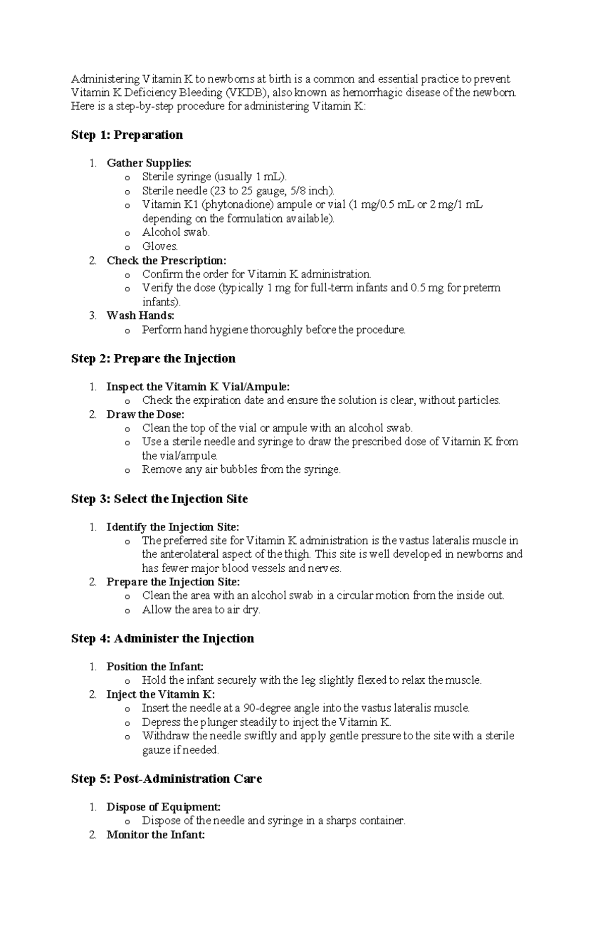 Vitamin K and Oxytocin Administration Checklist - Administering Vitamin ...