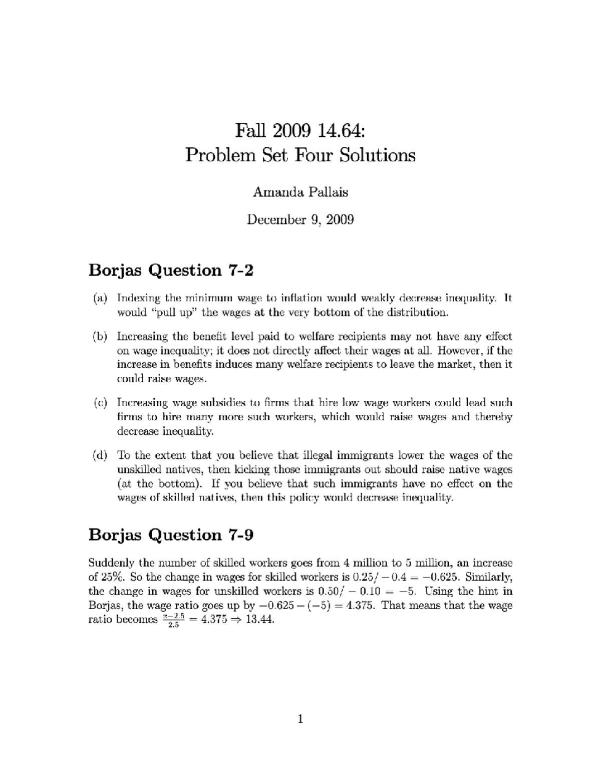 Fall 2009 14.64 Problem Set Four Solutions Borjas Question 7-2 Amanda ...
