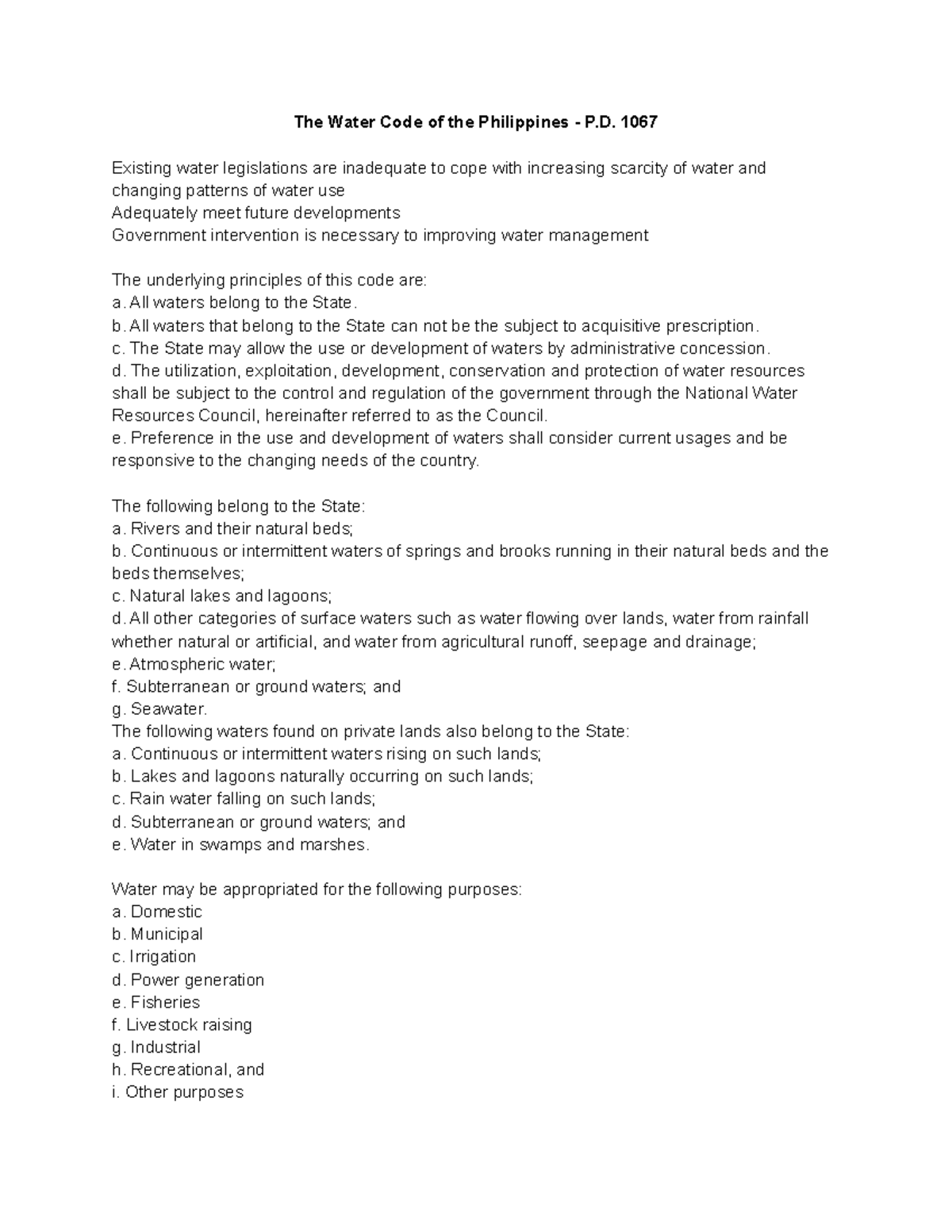 PD 1067 Principles Of Ecology The Water Code Of The Philippines P