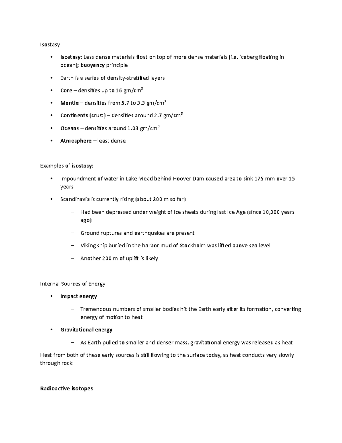 Lecture Notes 5 - Isostasy - Isostasy : Less dense materials float on ...
