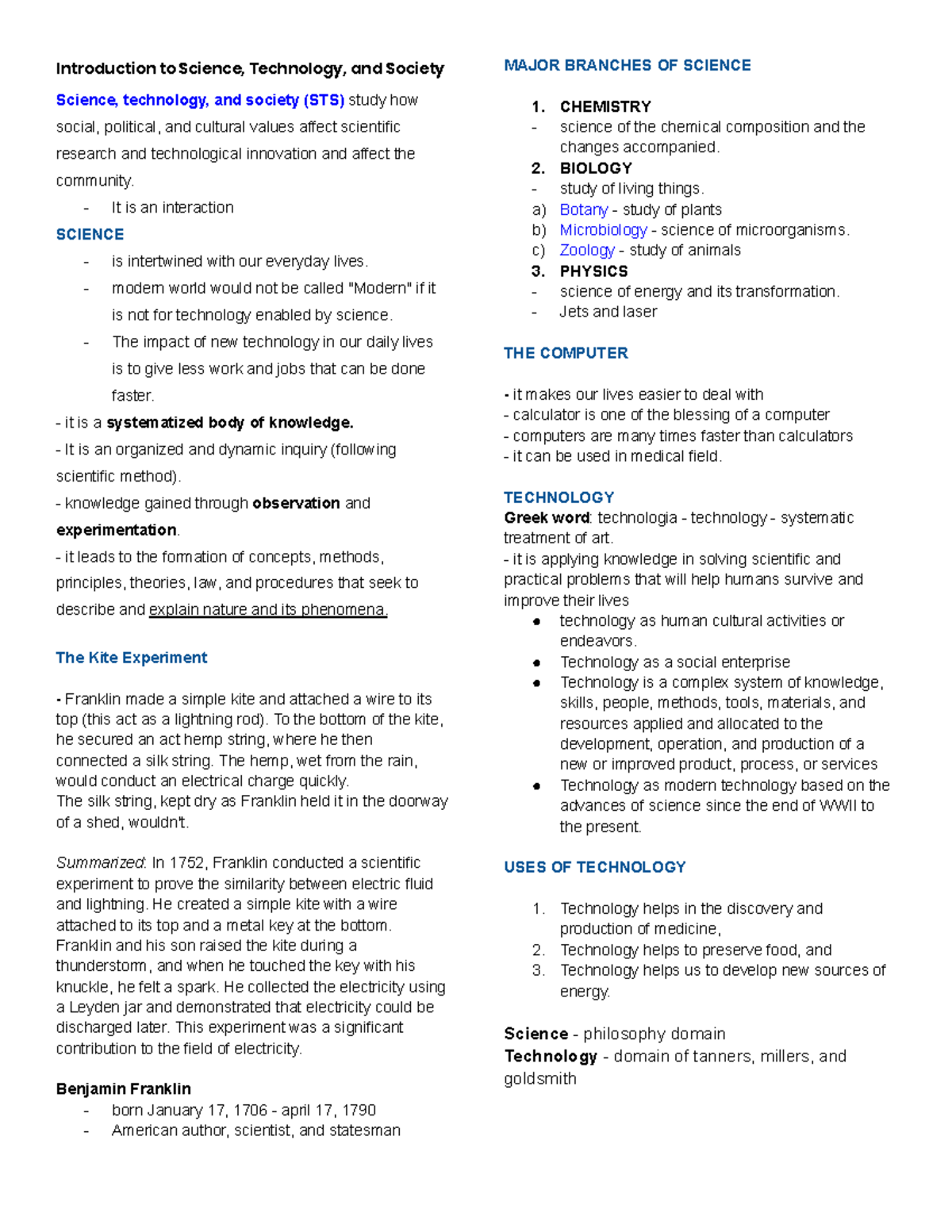 STS L1 - sts lecture no.1 summary - Introduction to Science, Technology, and Society Science ...