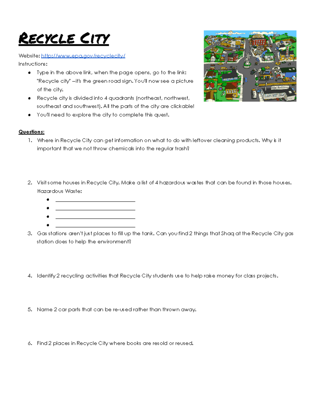 Kane Pennington - Recycle City worksheets - Recycle City Website: epa ...