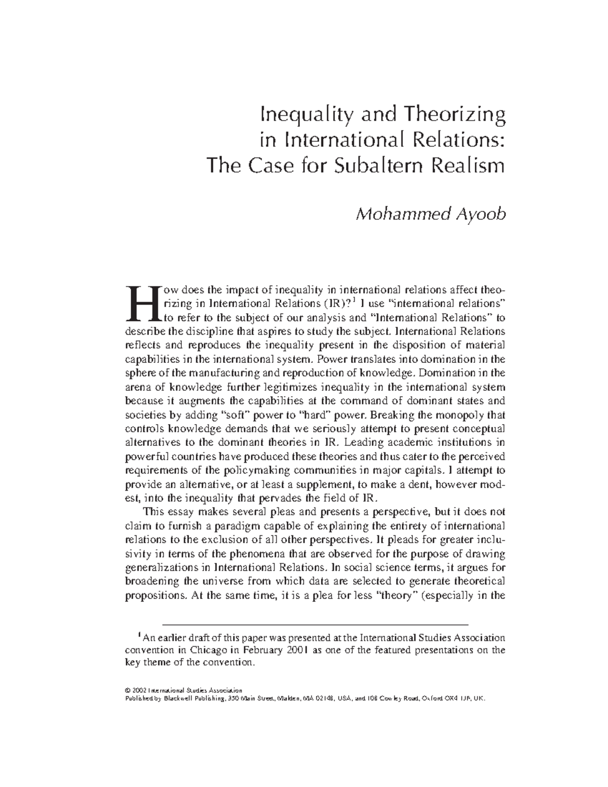 Ayoob 2002 - Inequality and Theorizing in International Relations: The ...
