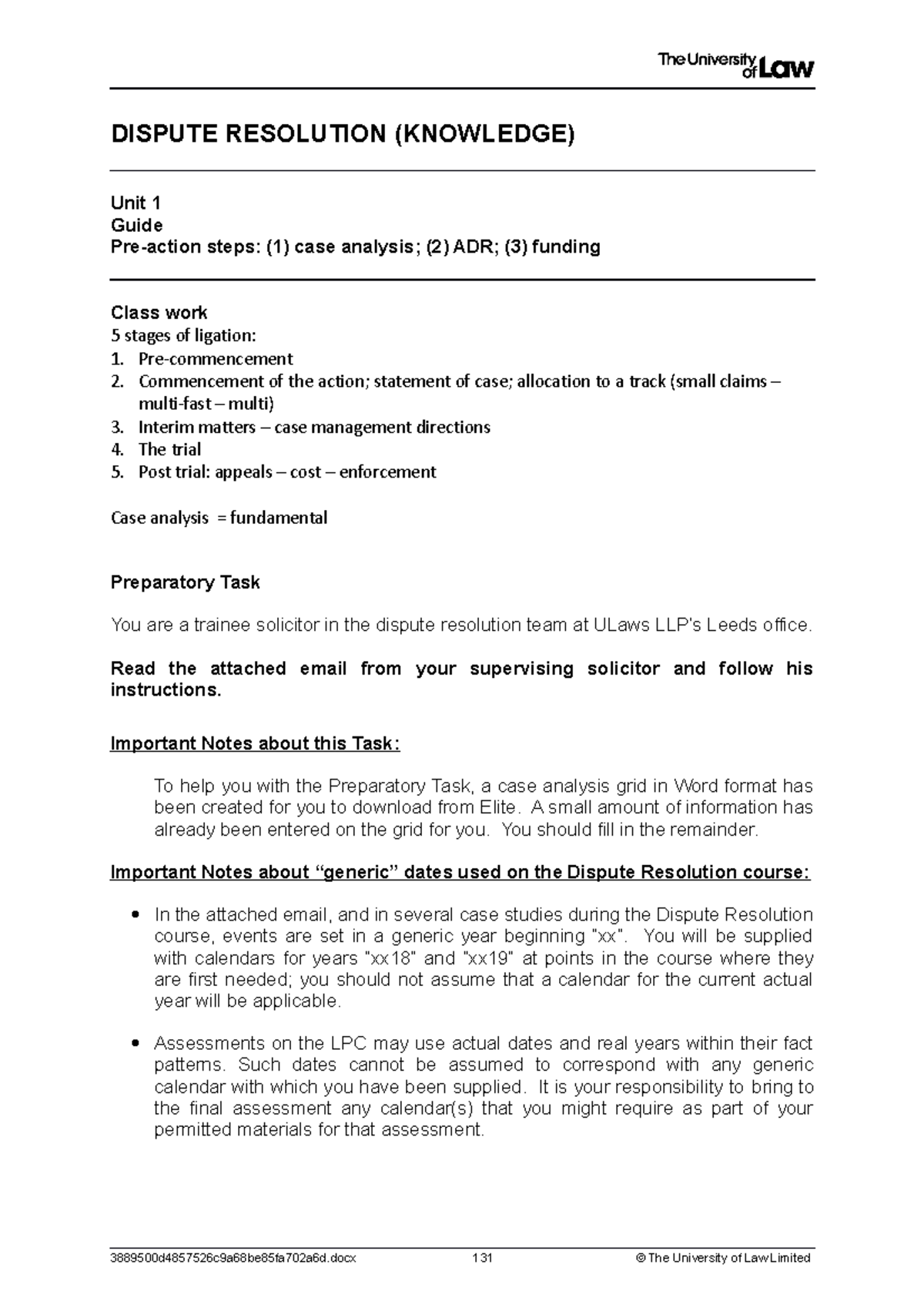 Workshop 1 - Pre- Action Steps - DISPUTE RESOLUTION (KNOWLEDGE) Unit 1 ...