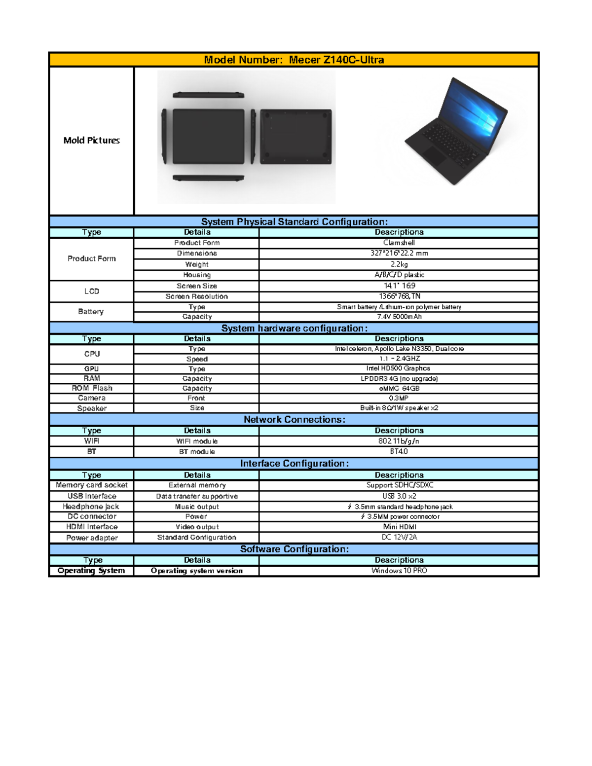 Z140C-Ultra Spec sheet - Model Number: Mecer Z140C-Ultra Mold Pictures ...