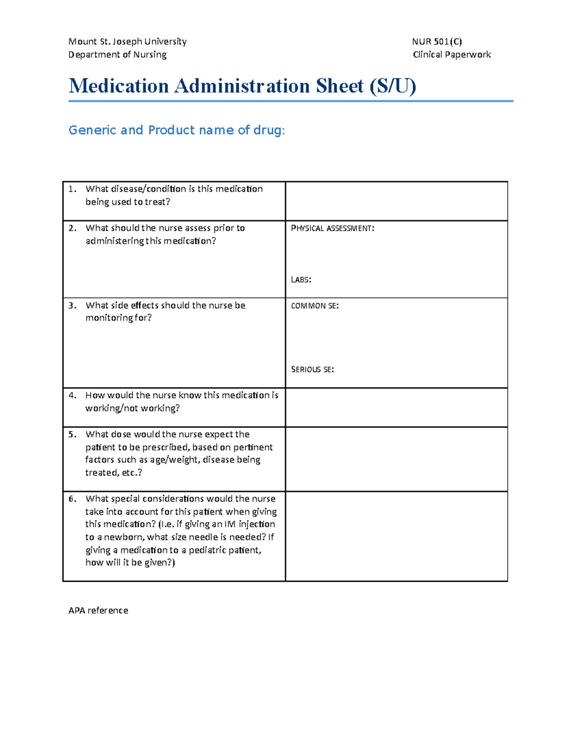 Medication Administration Sheet for medication memorization - Mount St ...