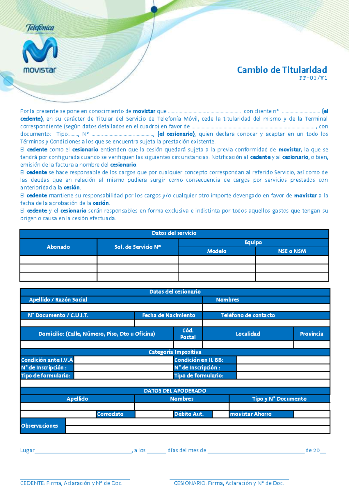 Formulario Cambio de Titularidad - Por la presente se pone en ...