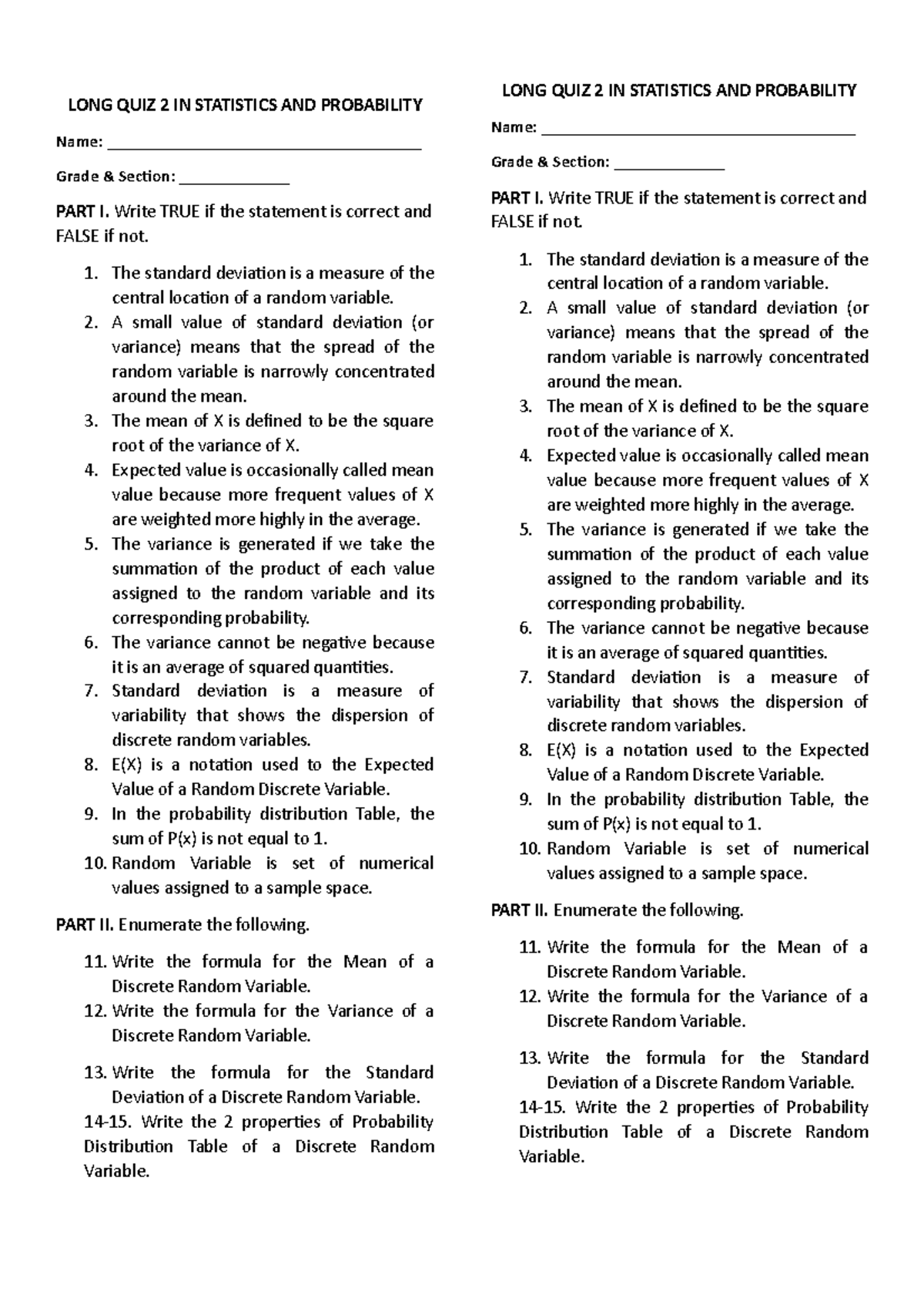 LONG QUIZ 2 IN Statistics AND Probability - LONG QUIZ 2 IN STATISTICS ...